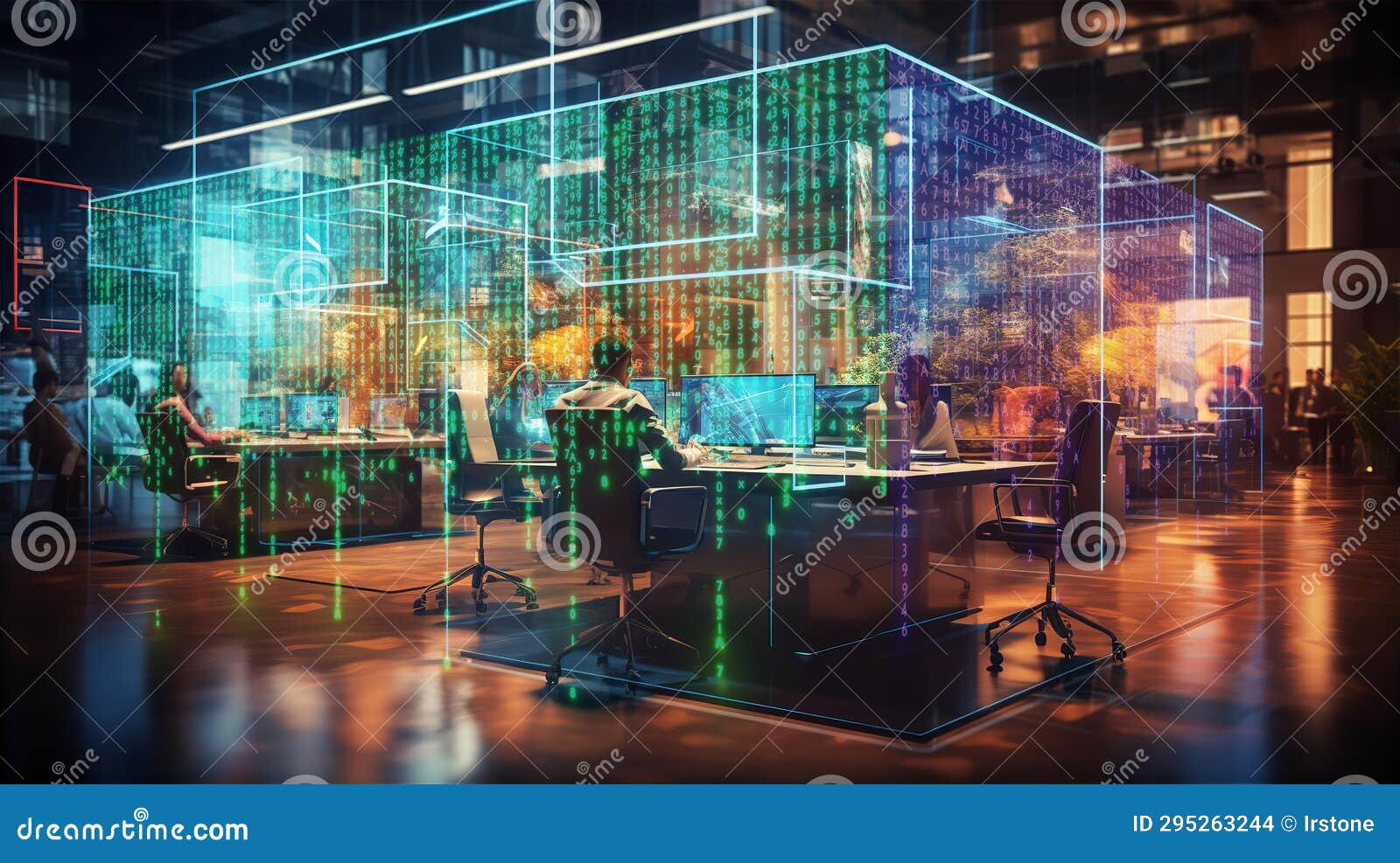 People Working in Open Space Glass Cube with Projecting Running Digits ...