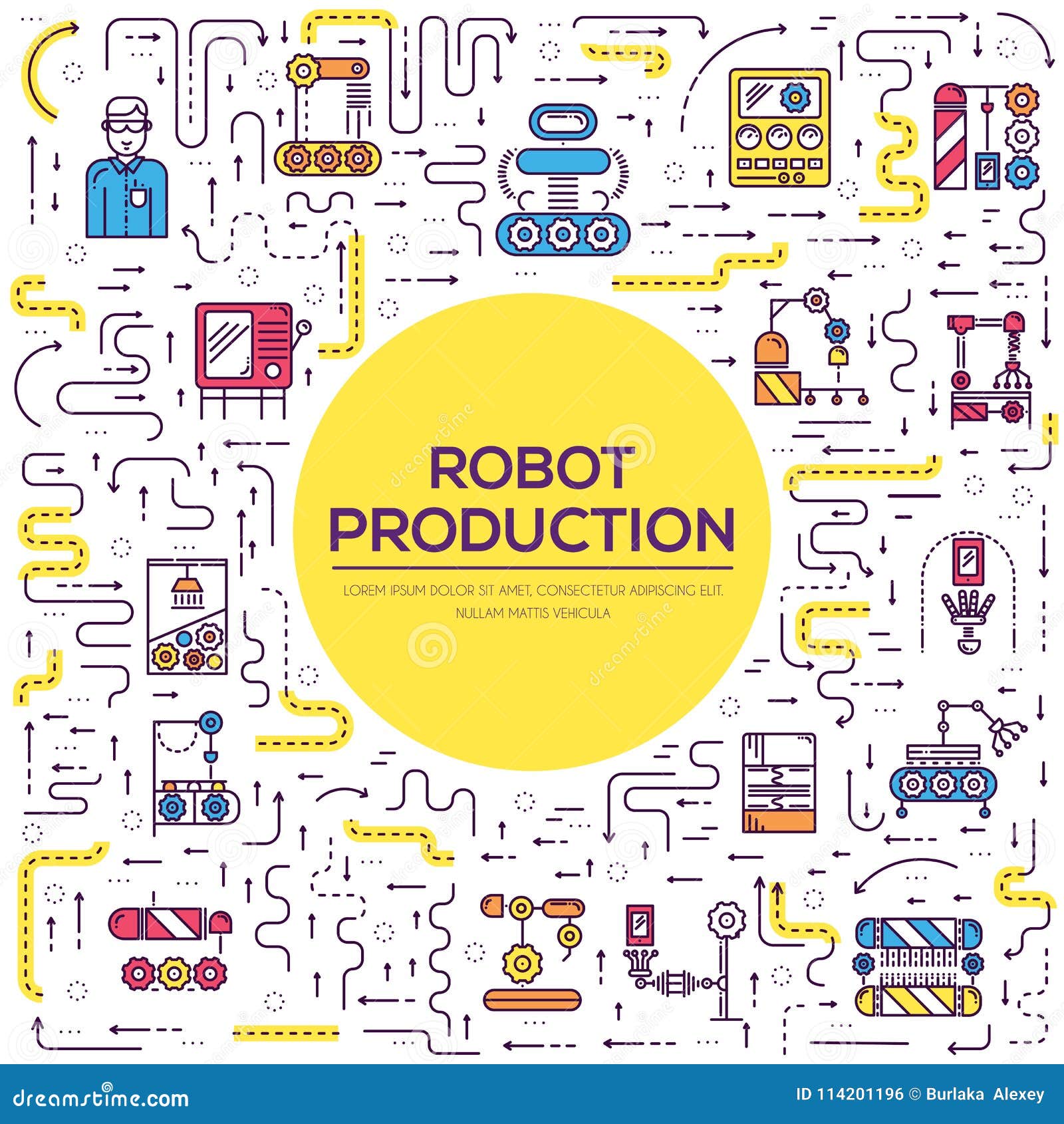 People Working on Robots Assembly Line Vector Outline Concept. Robotic ...