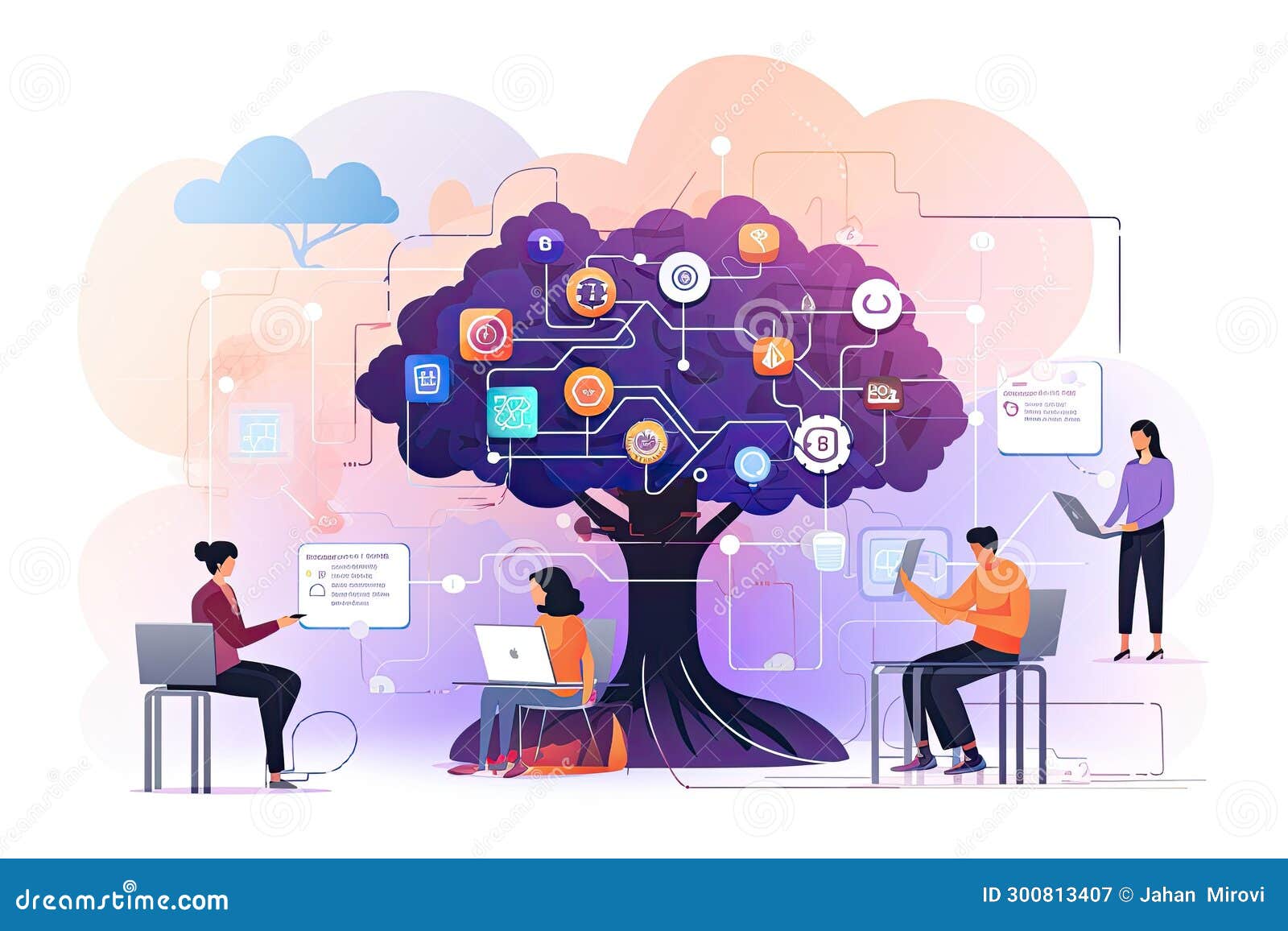 People Working Together on Big Tree, Cloud Computing Concept, World ...