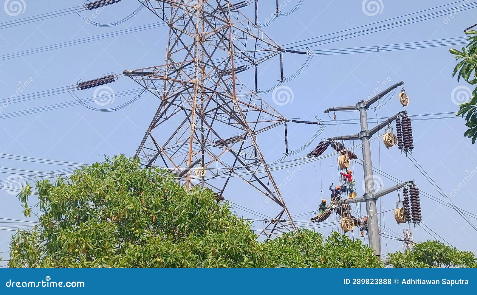People Working on the Tower of Electricity Stock Photo - Image of high ...