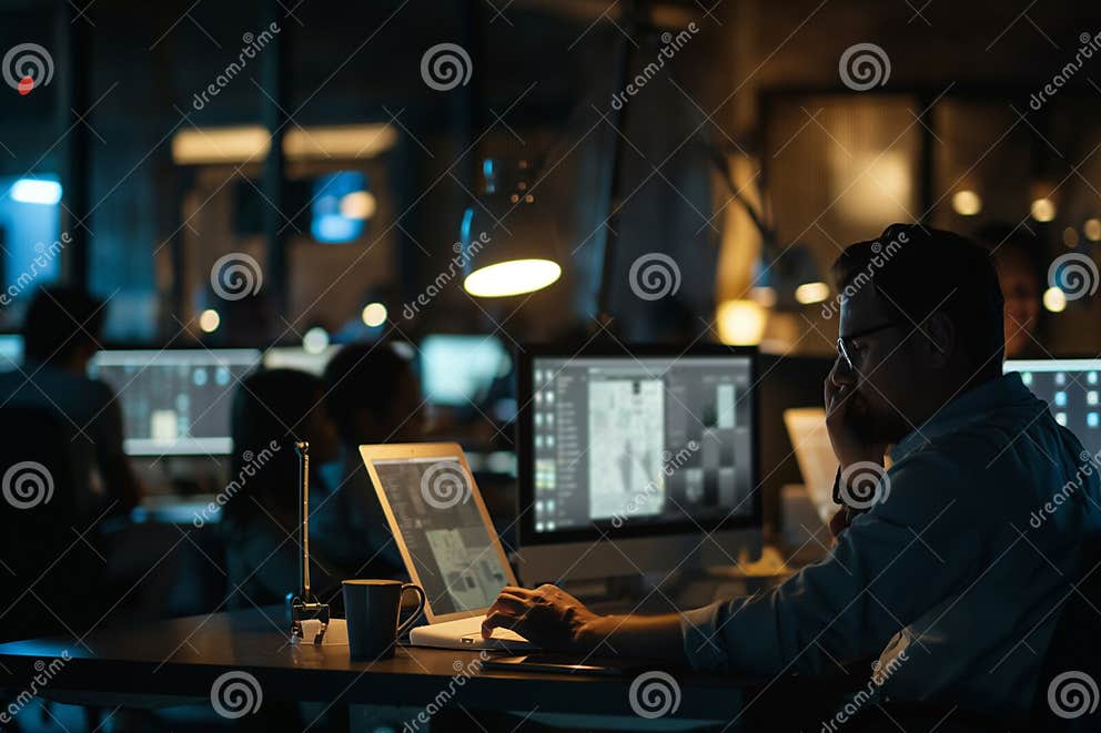 People Working and Using Computers at an Office, Night Time Stock ...