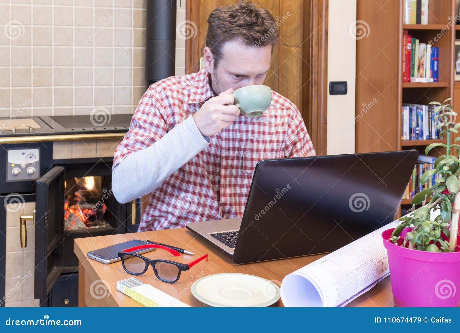 Young Man Works Remotely through Internet Connection Stock Image ...