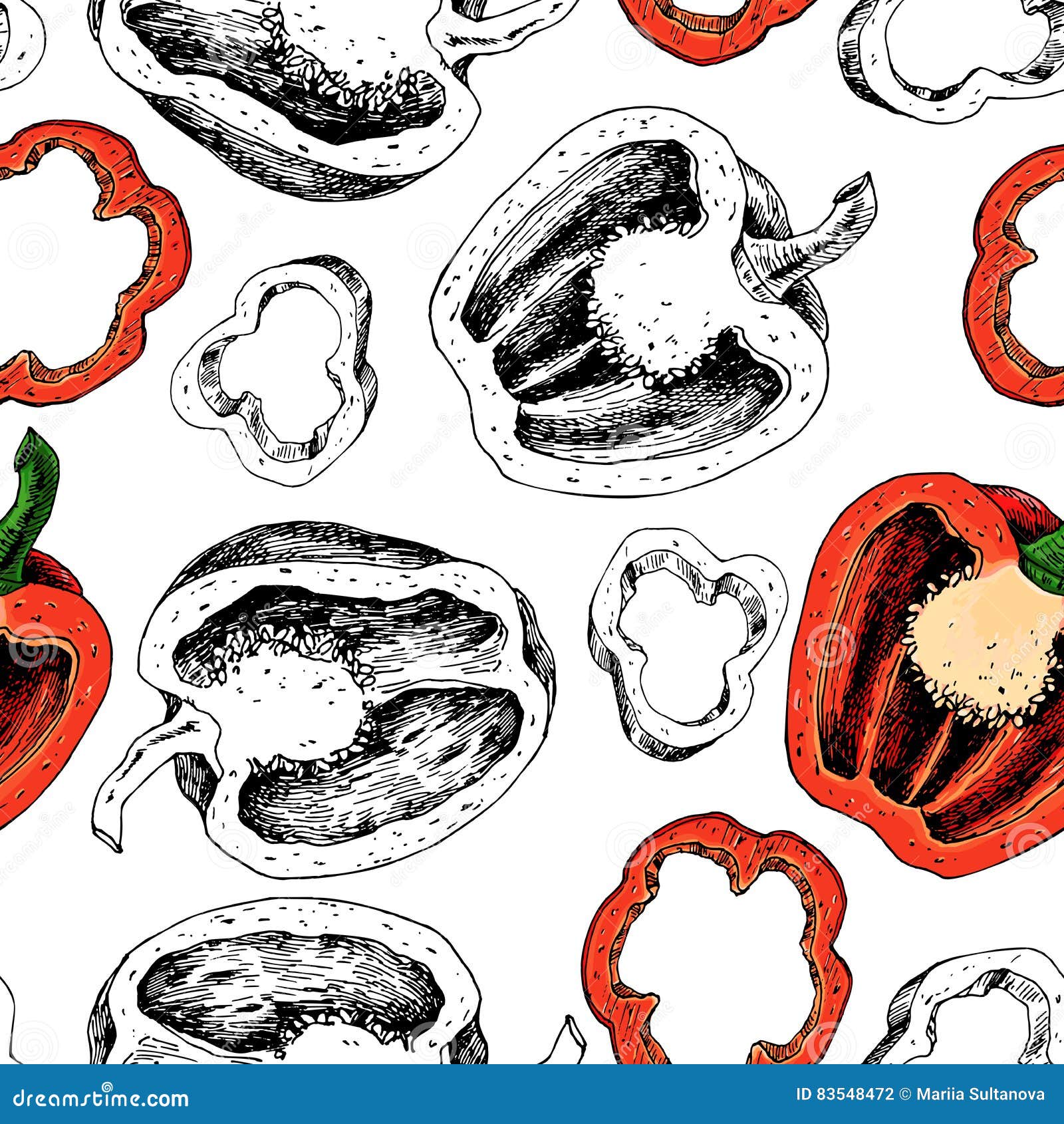 Pepper Hand Drawn Vector Seamless Pattern. Vegetable Engraved Artistic ...