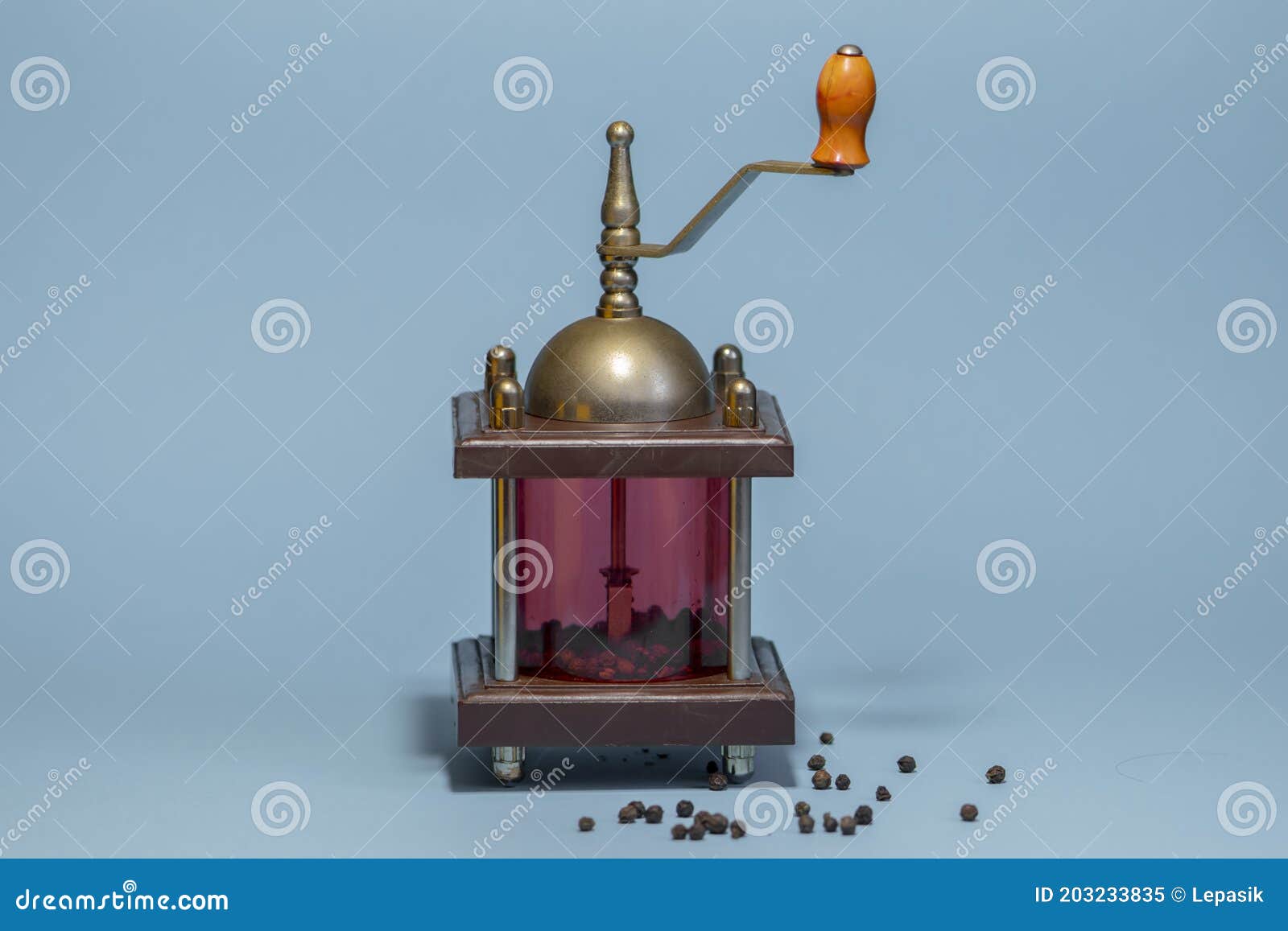 Pepper Mill with Handle or Kitchen Utensils on Blue Background. Stock ...