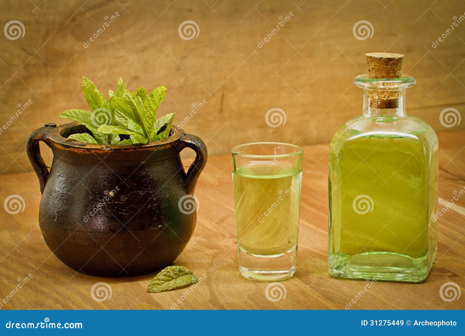 Peppermint Plant, Bottle and Shot Stock Image - Image of bottle, wooden ...