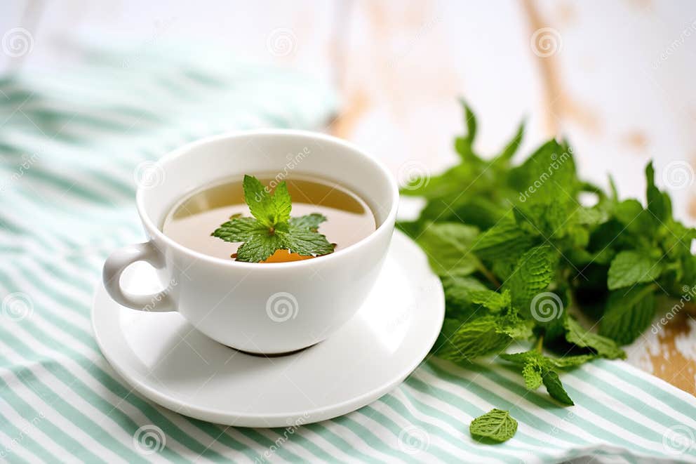 Peppermint Tea in Cup with Fresh Mint Bundle, White Cloth Stock Image ...