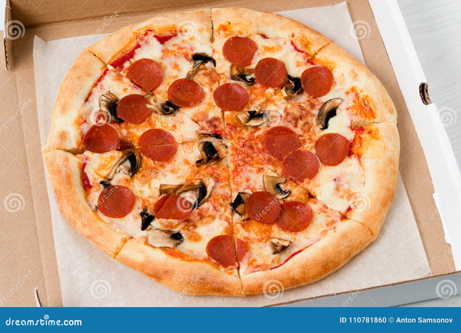 Pepperoni Pizza in a box stock photo. Image of isolated - 110781860