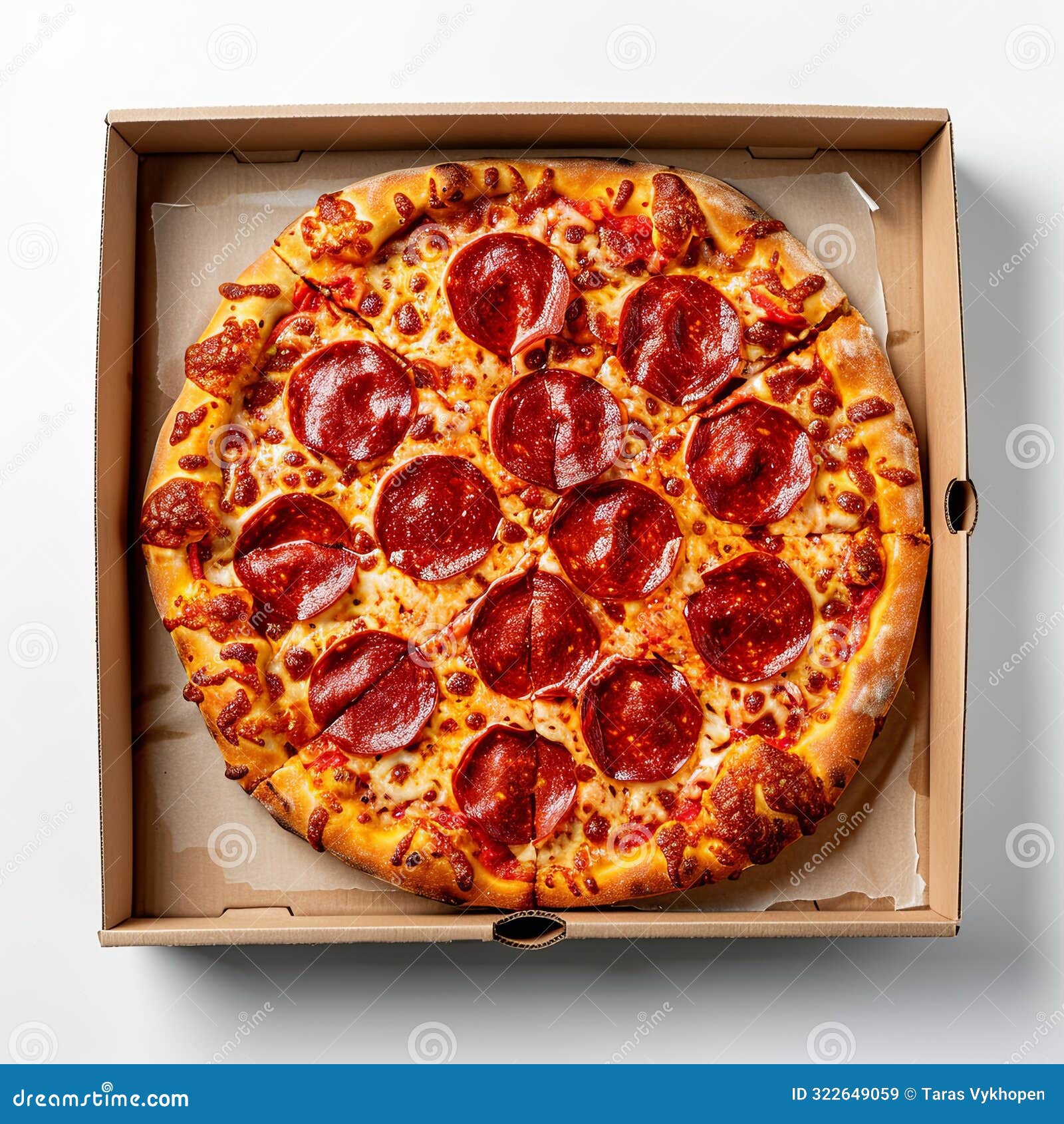 Pepperoni Pizza in a Box on a White Background, Top View, for Menu ...