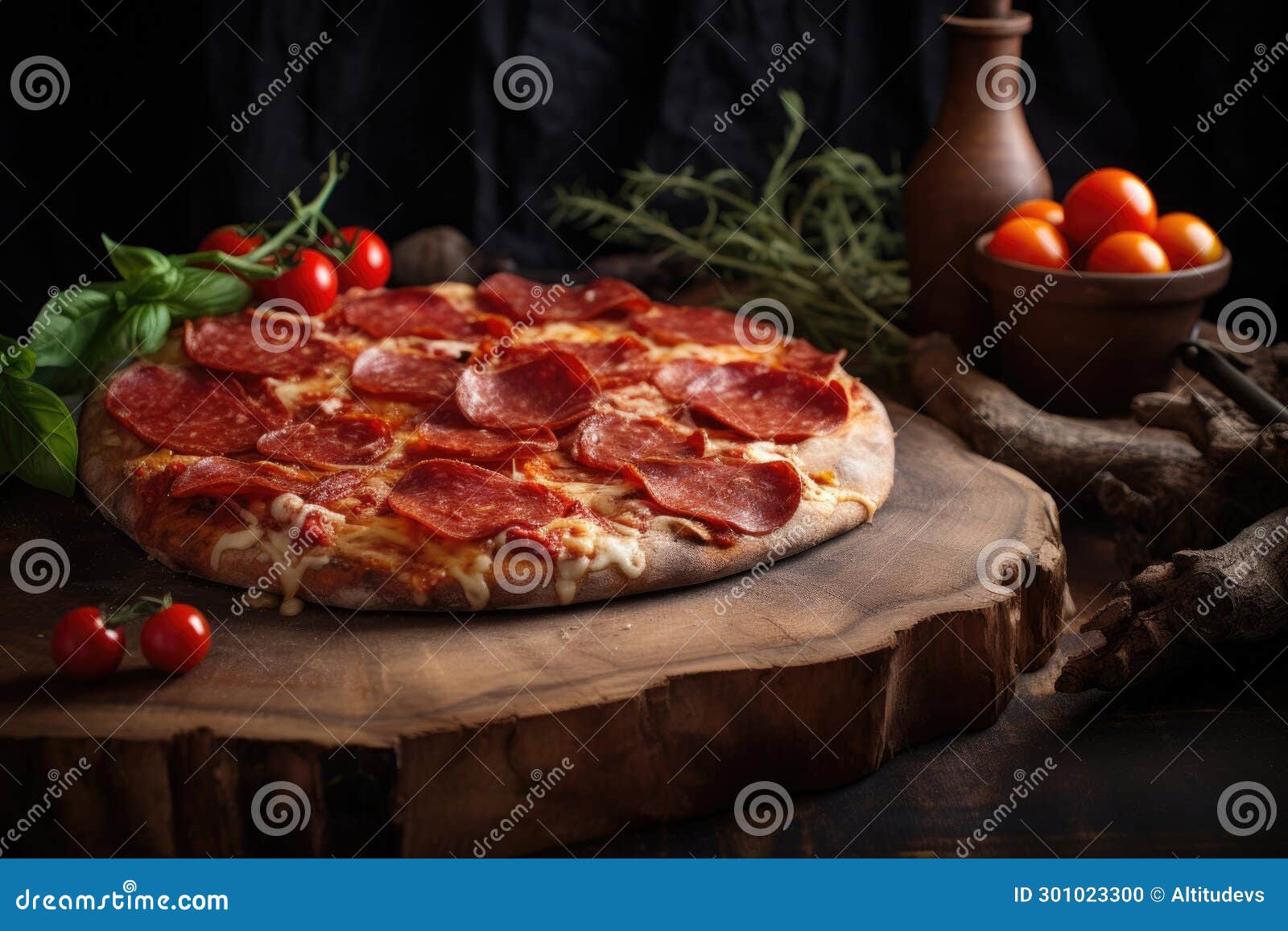 Pepperoni Pizza with a Crispy Crust on a Rustic Stone Slab Stock Photo ...