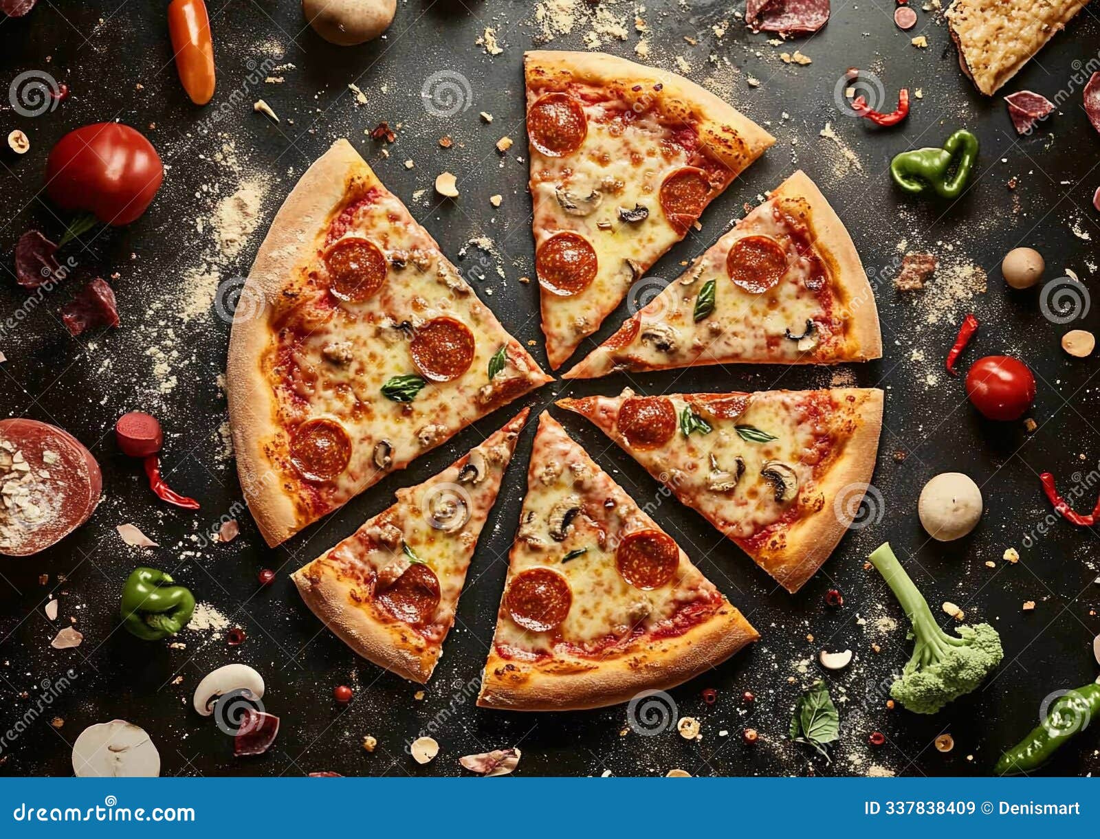 Pepperoni Pizza Cutted in Slices with Various Ingredients of Kitchen ...