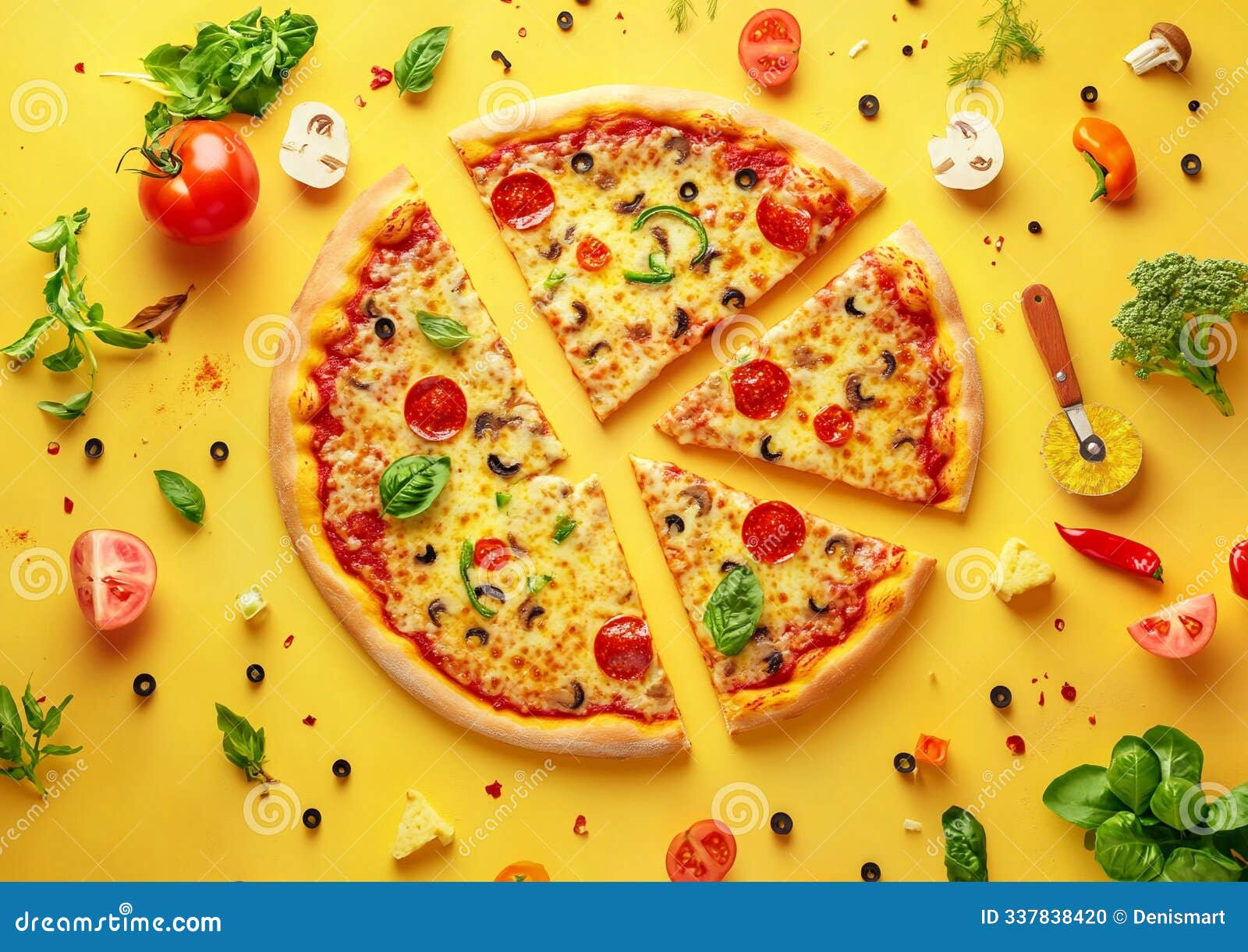 Pepperoni Pizza Cutted in Slices with Various Ingredients of Kitchen ...