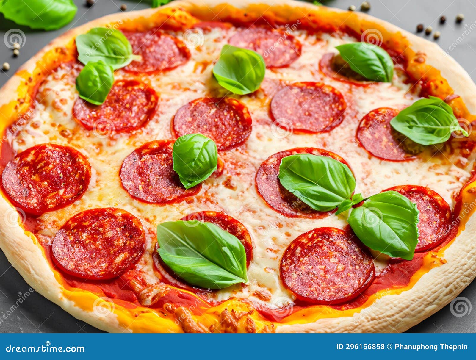 Pepperoni Pizza Garnished with Basil Leaves Stock Illustration ...