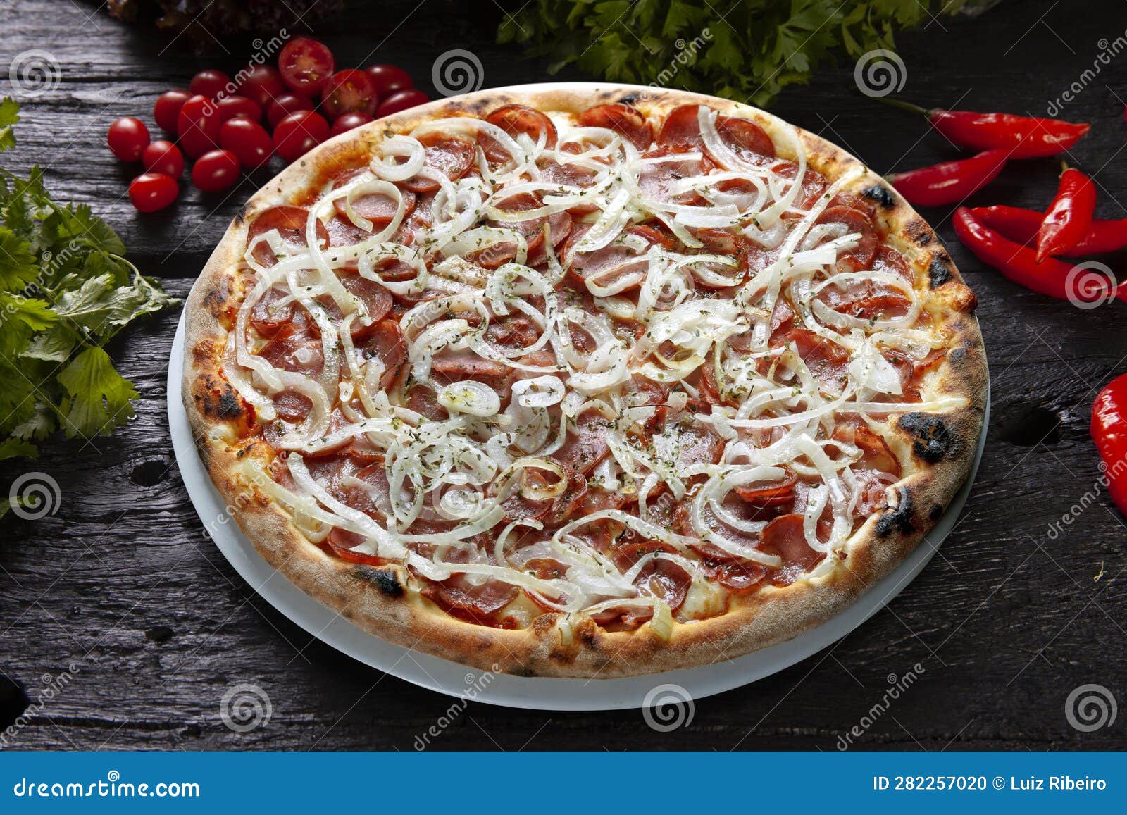 Pepperoni Pizza with Onions Stock Photo - Image of dough, cooked: 282257020