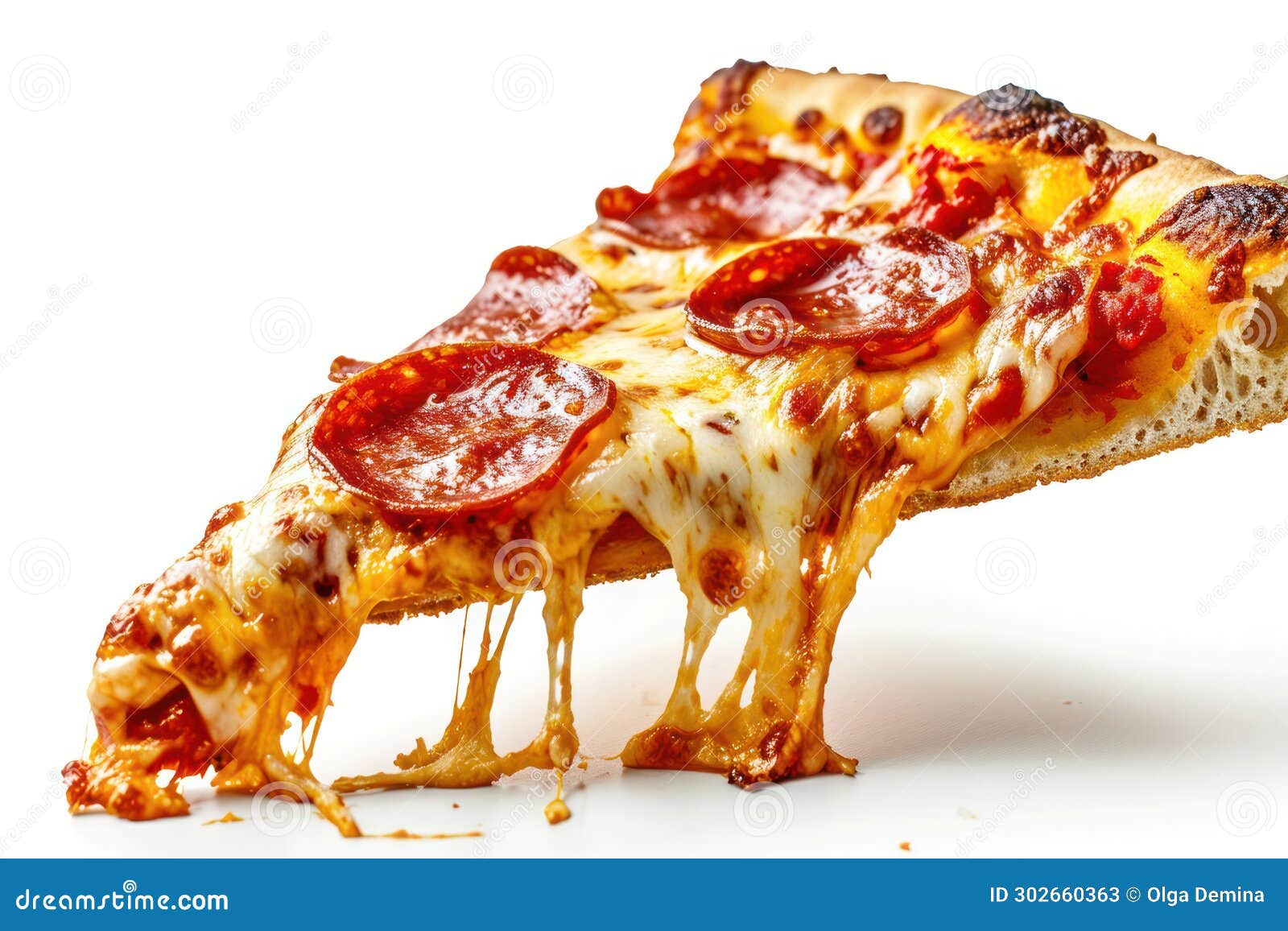 Pepperoni Pizza Slice with Cheese Stretch on White Stock Image - Image ...