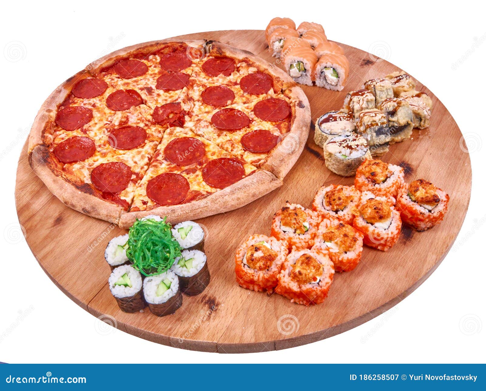Pepperoni Pizza with Sushi Rolls Set on Wood Stock Image - Image of ...