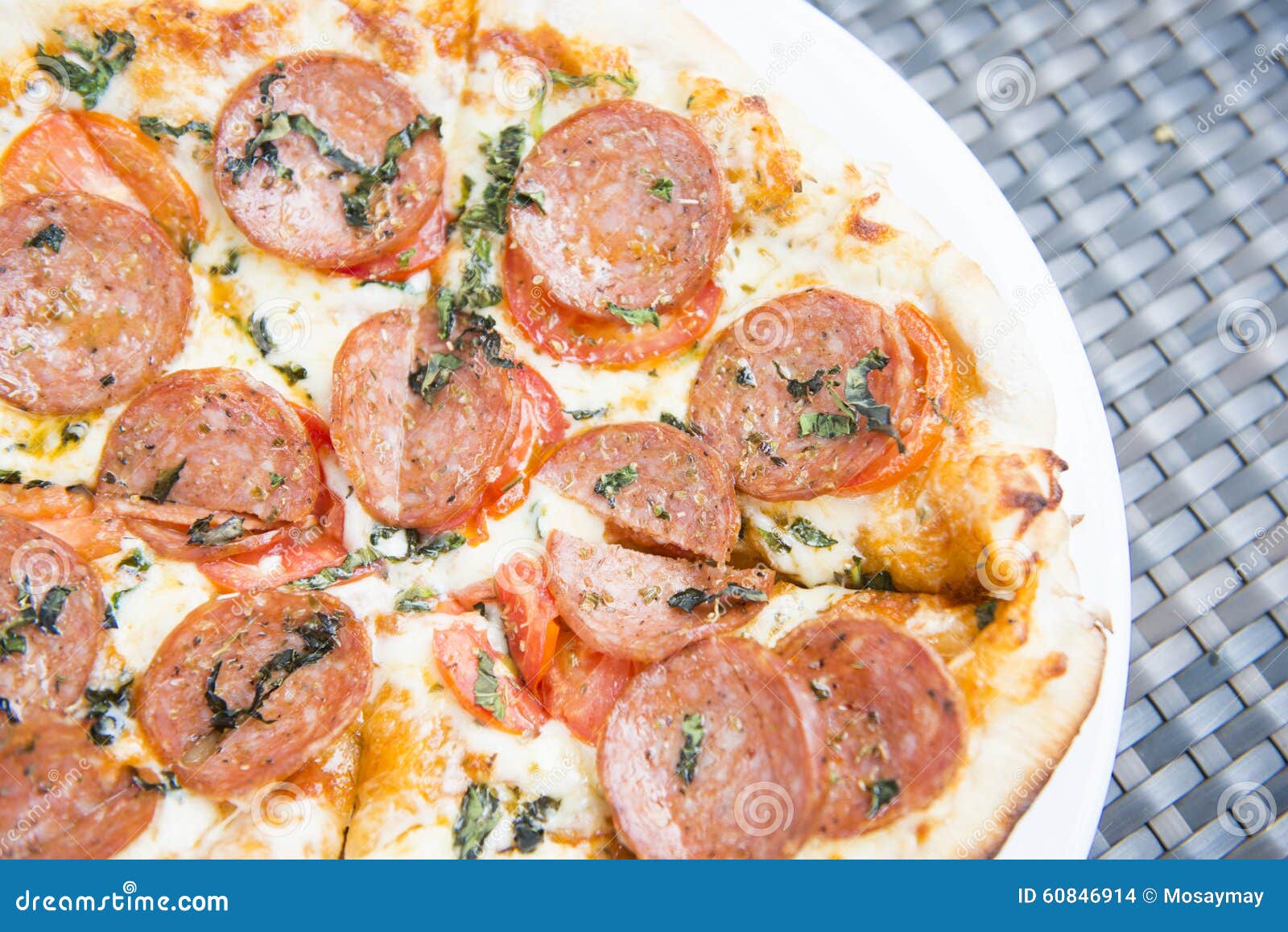 Pepperoni Pizza with Tomato and Mozzarella Stock Photo - Image of basil ...