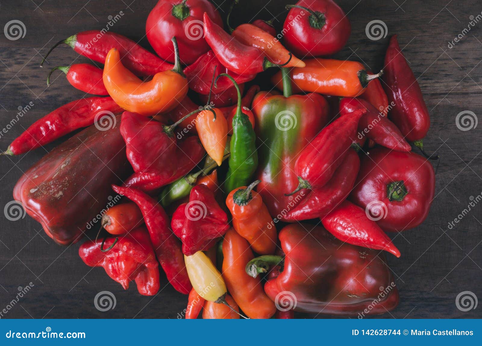 Peppers of Various Colors and Shapes. Top View Stock Photo - Image of ...