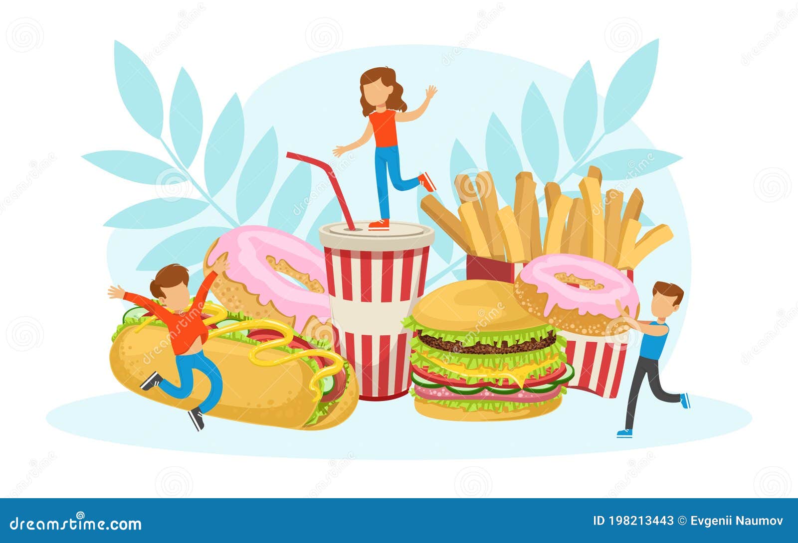Pequeños Niños Divertiéndose Con Comida Rápida Niños Y Niñas Comiendo