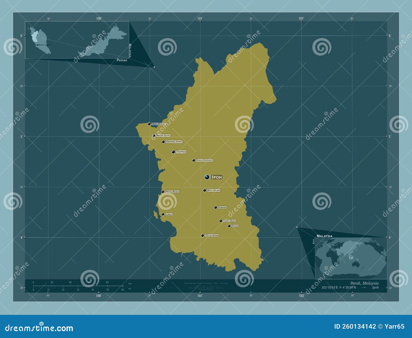 Perak, Malaysia. Solid. Labelled Points of Cities Stock Illustration ...