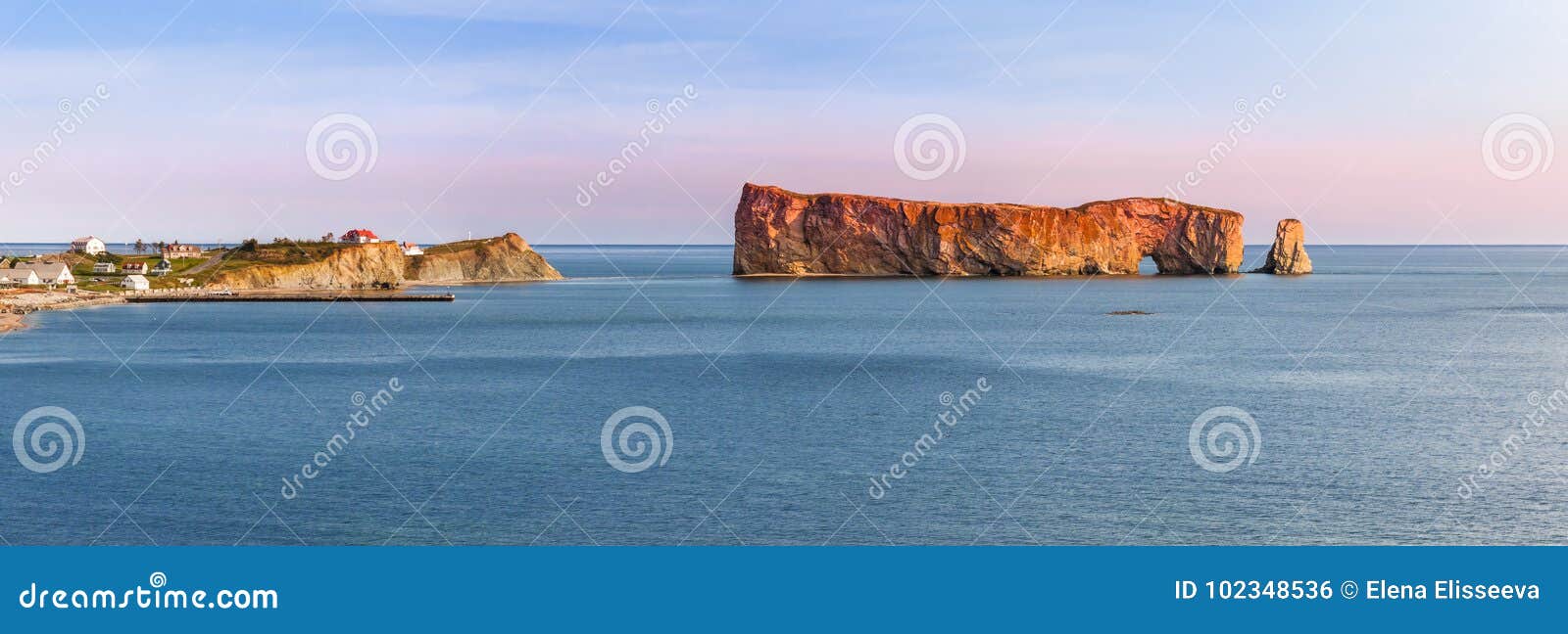 Perce Rock Panorama at Sunset Stock Photo - Image of region, arch ...