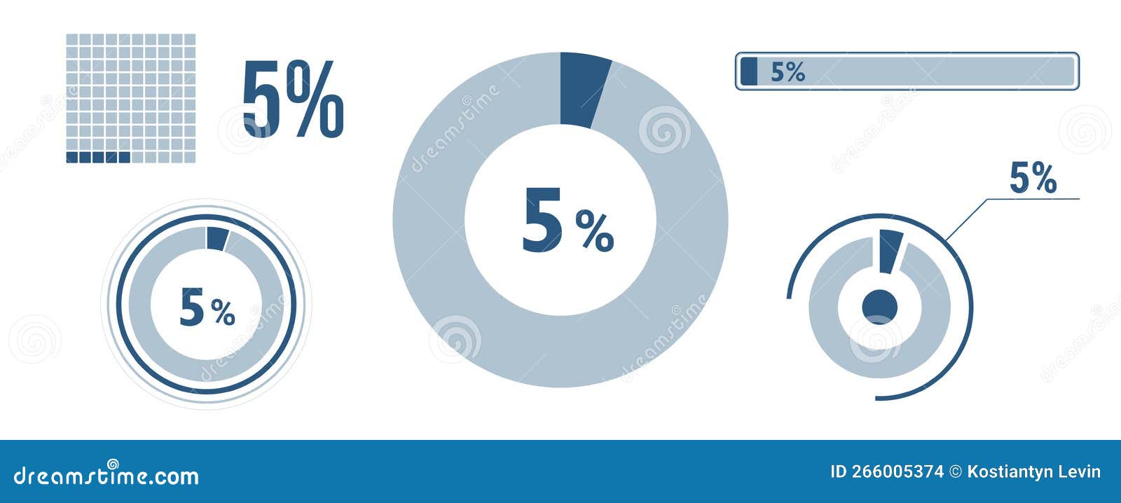 5 Percentage Infographic Set. Five Circle Diagram, Pie Donut Chart ...