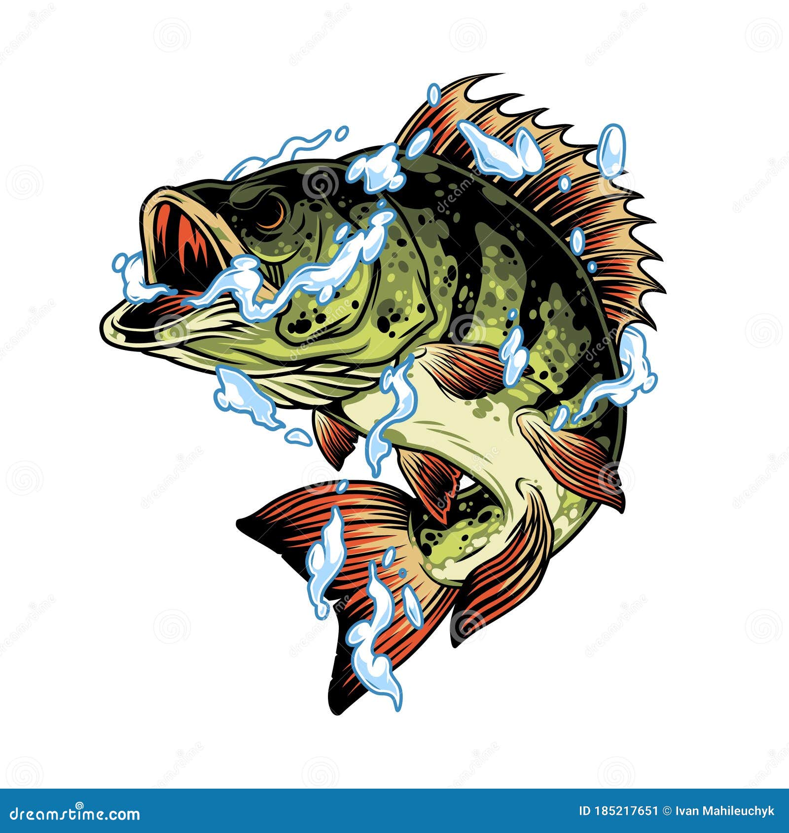 Perch Fish And Fishman With Fishing Rod In Engrving Style. Logo For ...