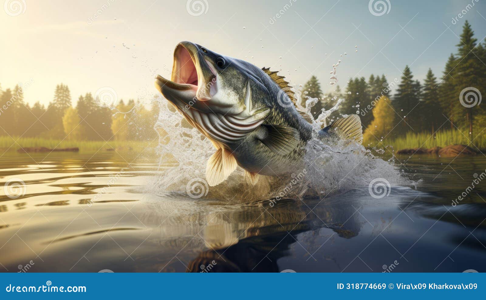 Perch or Predatory Fish Jumping Out of the Water with Open Mouth at the ...