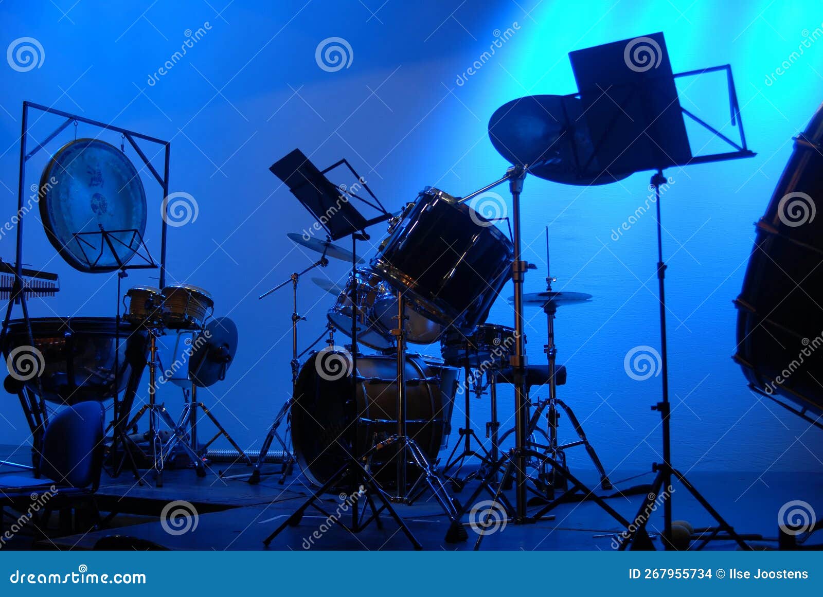 Percussion Instruments Lit by Blue Spotlights on Stage Stock Photo ...