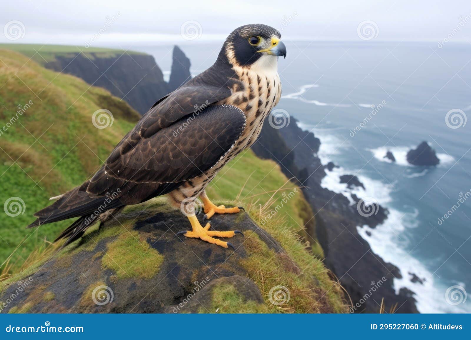 Peregrine Falcon Perched on a Cliff Edge, Sea in Background Stock Photo ...