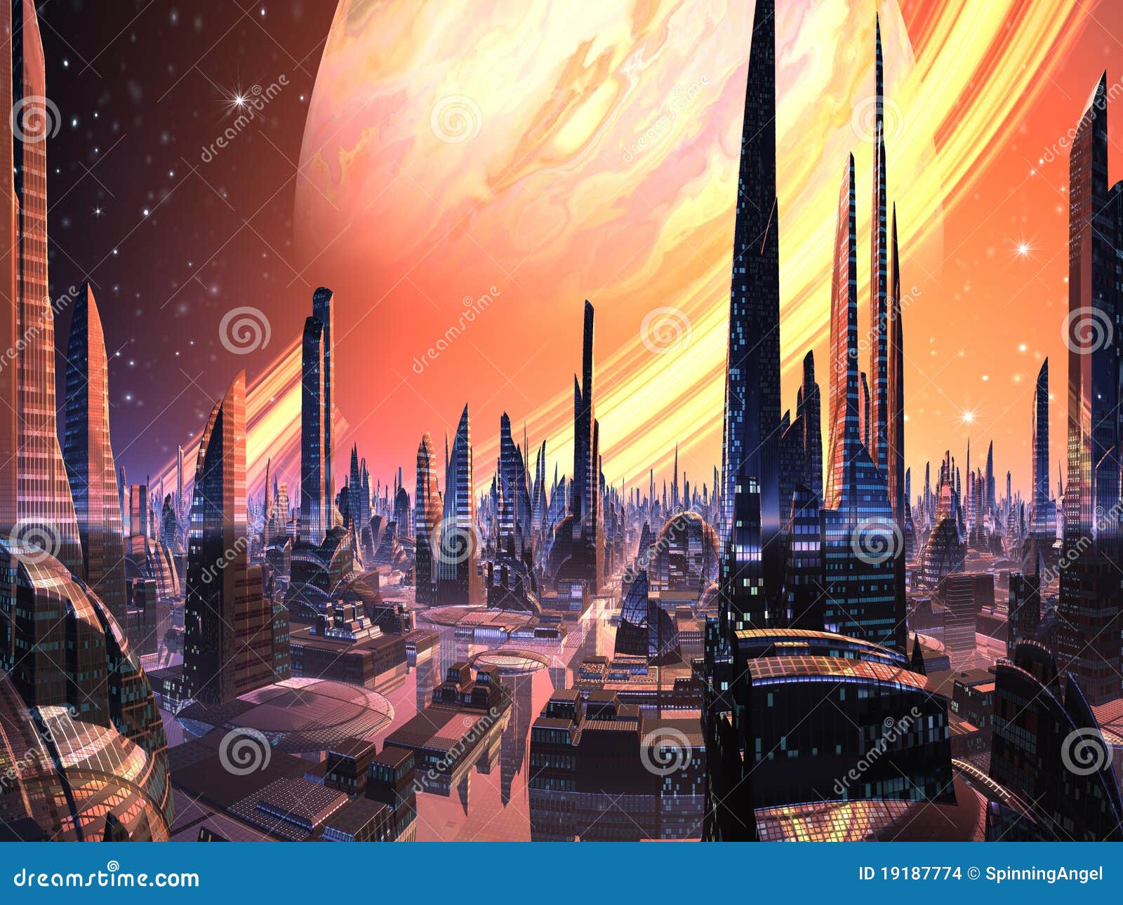 Perfect Alien City with Ring Planet Stock Illustration - Illustration ...