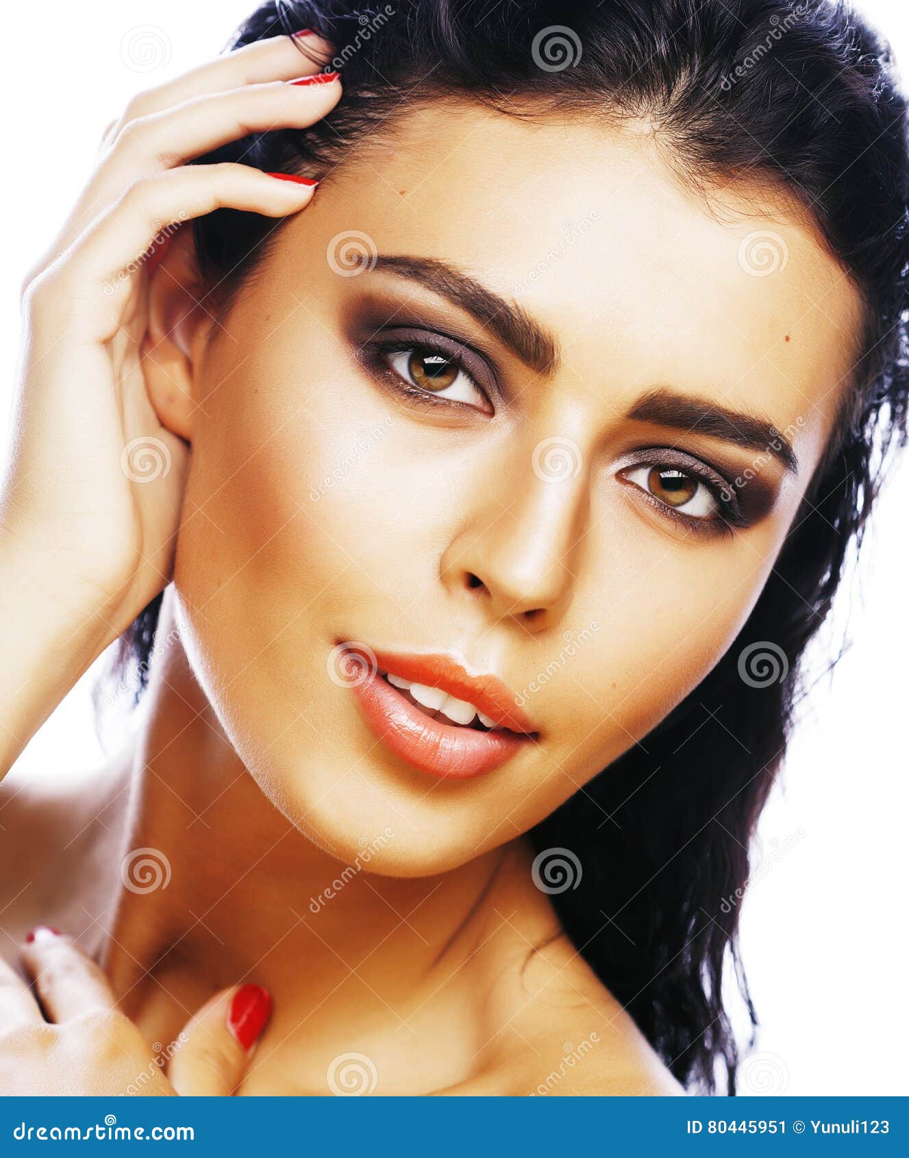 Perfect Beauty Real Brunette Woman Isolated On White Background Stock