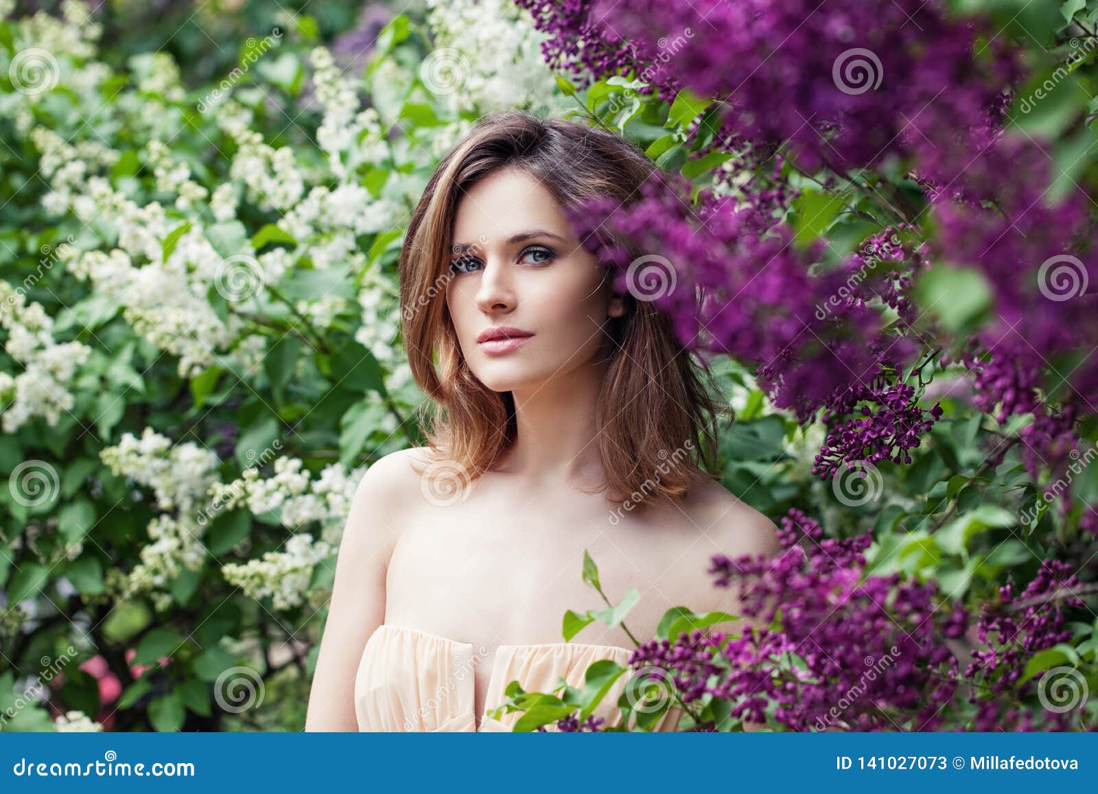 Perfect Female Face In Lilac Flowers Garden Pretty Woman On Floral