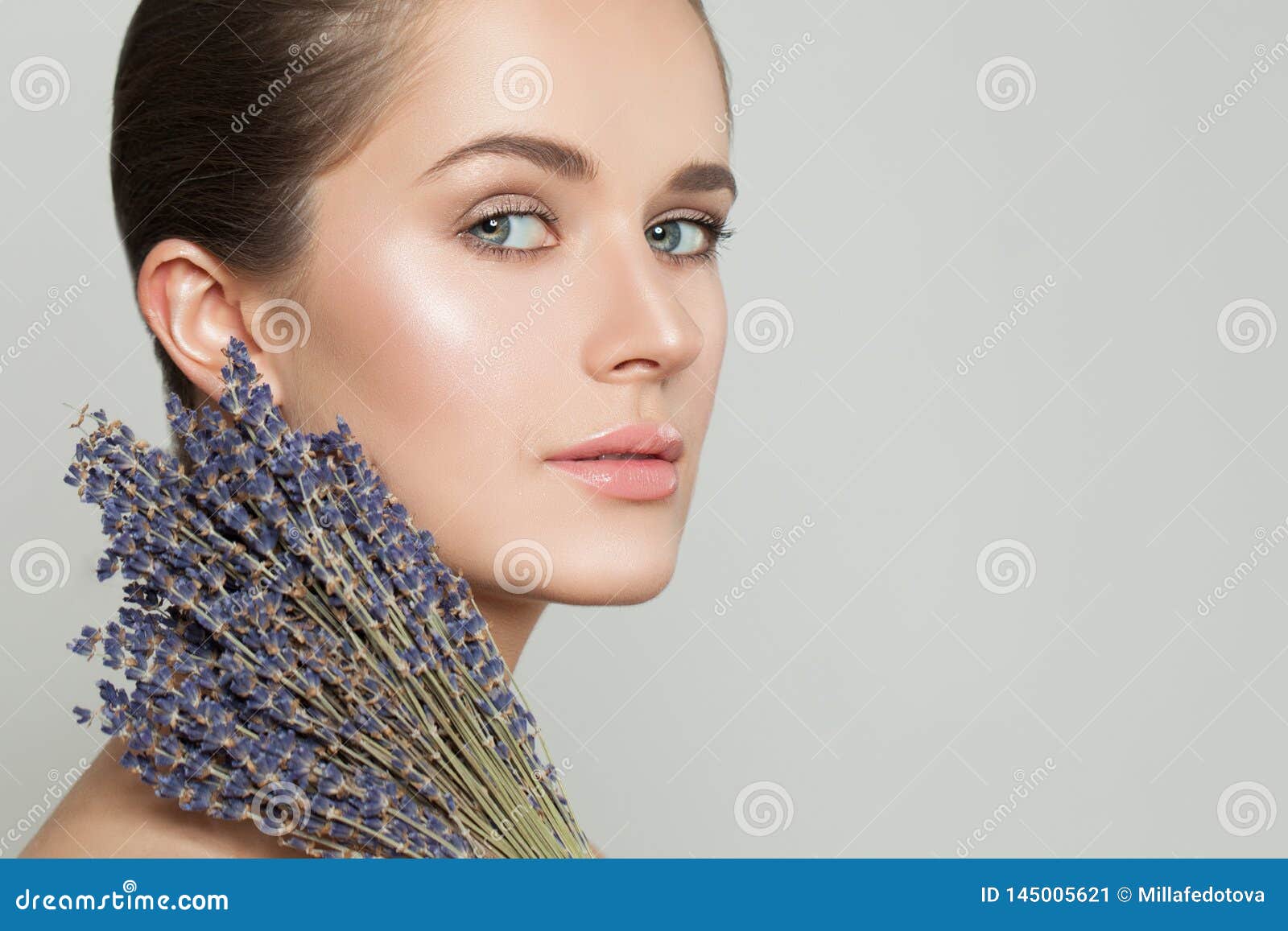 Perfect Model with Lavender Flowers and Clear Skin Stock Image - Image ...