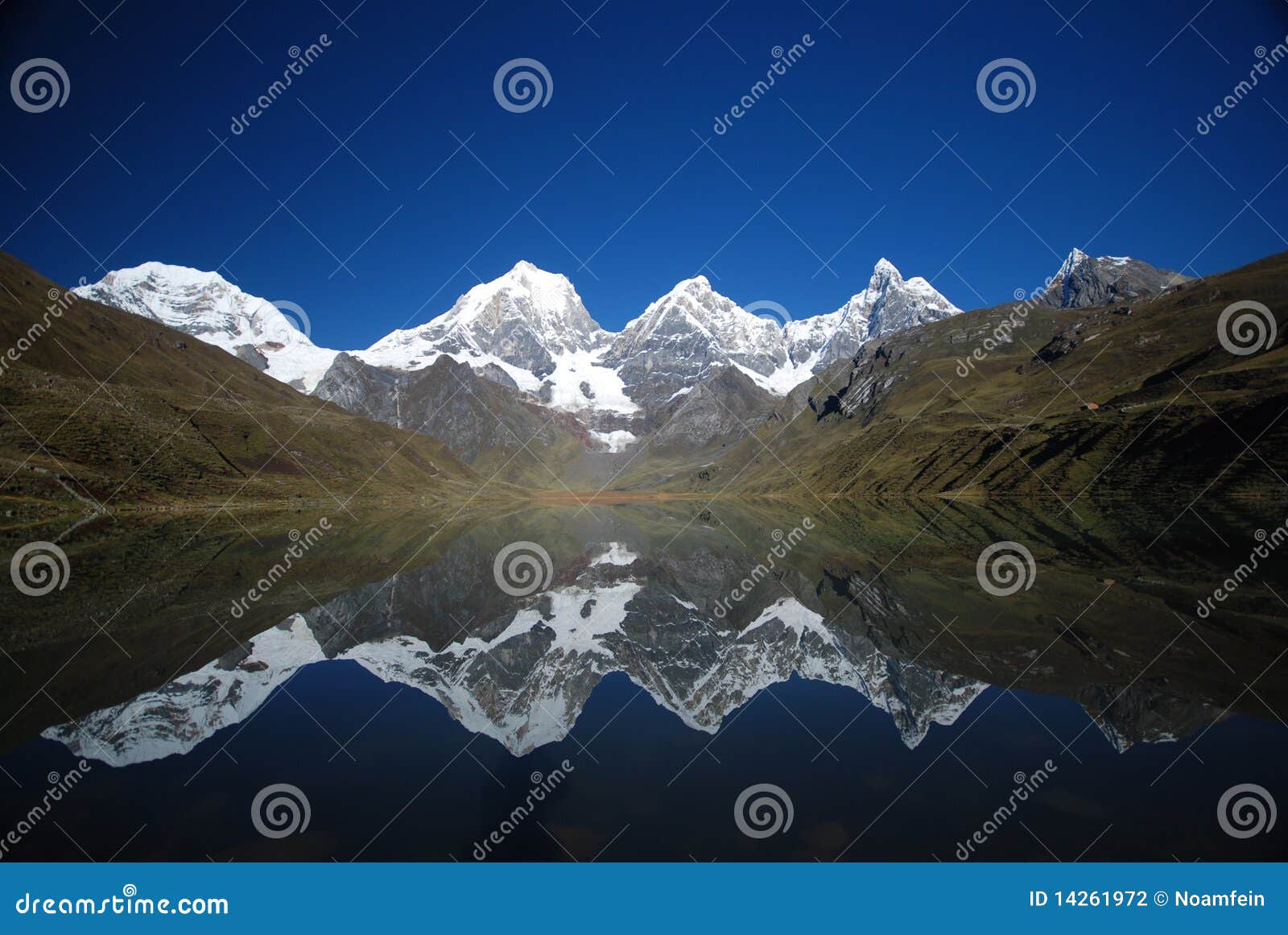 Perfect Reflection of a Lake & Snow Peaks of Peru Stock Photo - Image ...