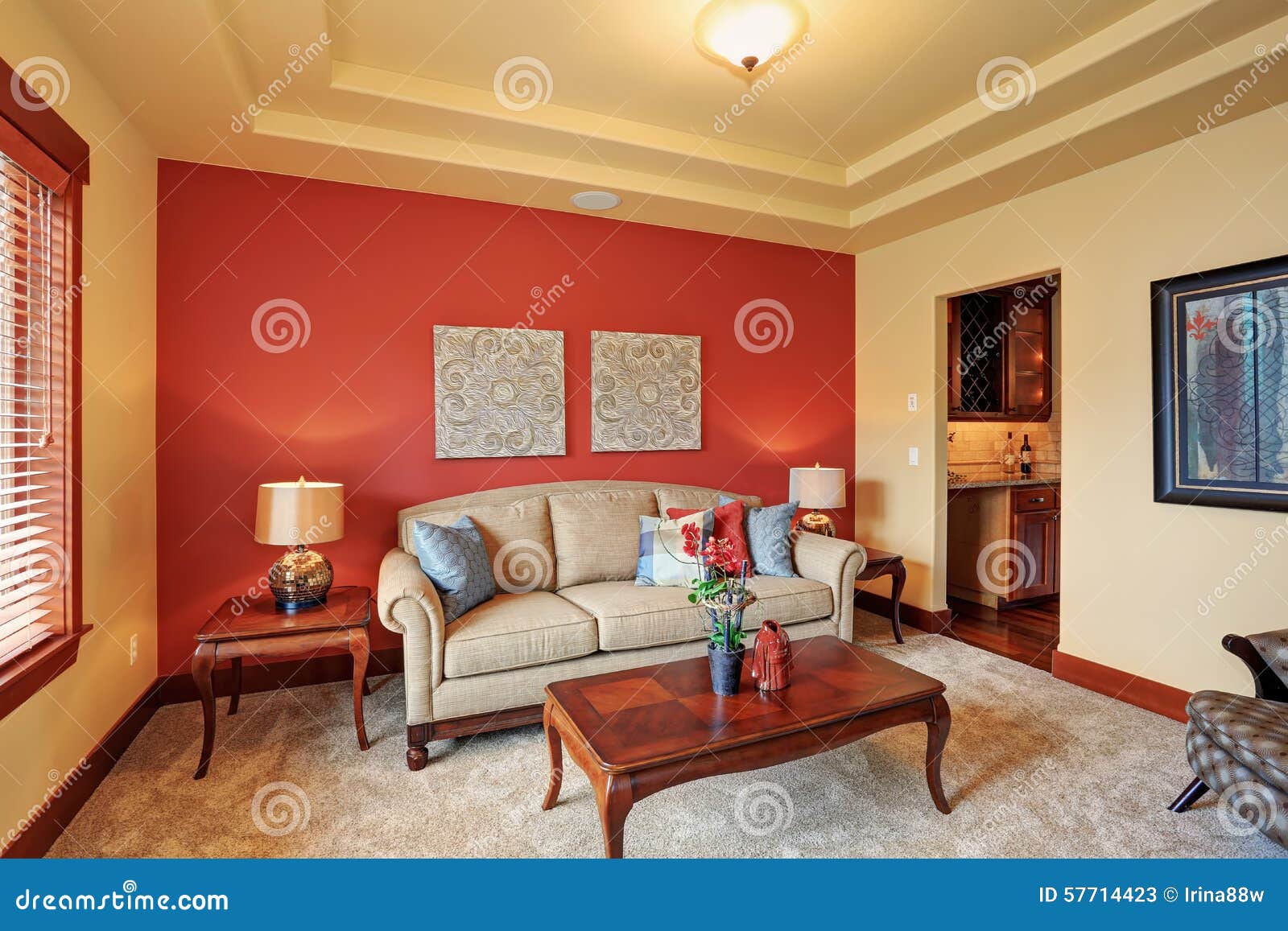 Perfect Room with Single Red Wall. Stock Image - Image of indoor ...