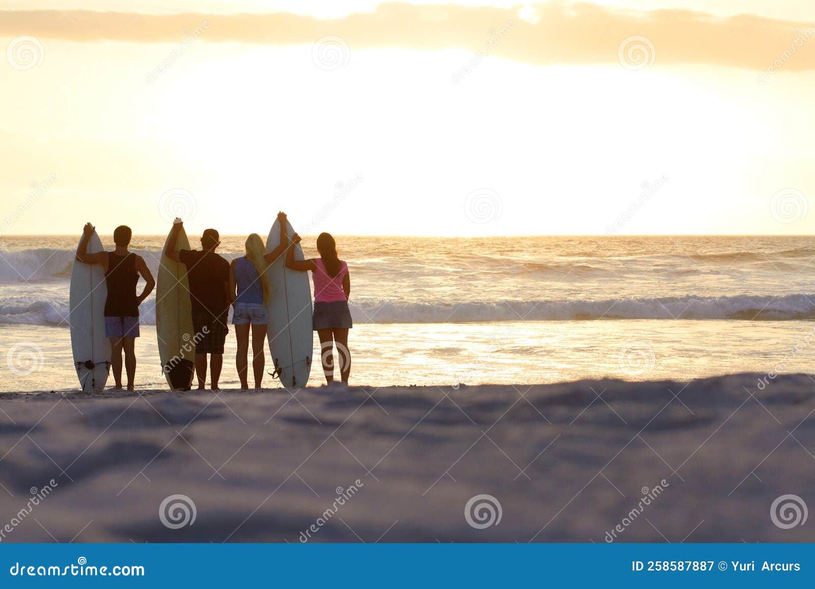 The Perfect Wave is Coming. Surfing Friends at the Beach. Stock Image ...