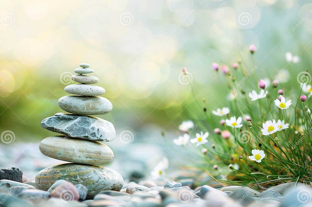A Perfectly Balanced Stack of Smooth River Stones in a Peaceful Garden ...
