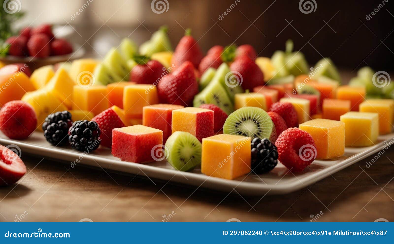 Perfectly Cut Cubes of Assorted Fruits Arranged with Precision on a ...