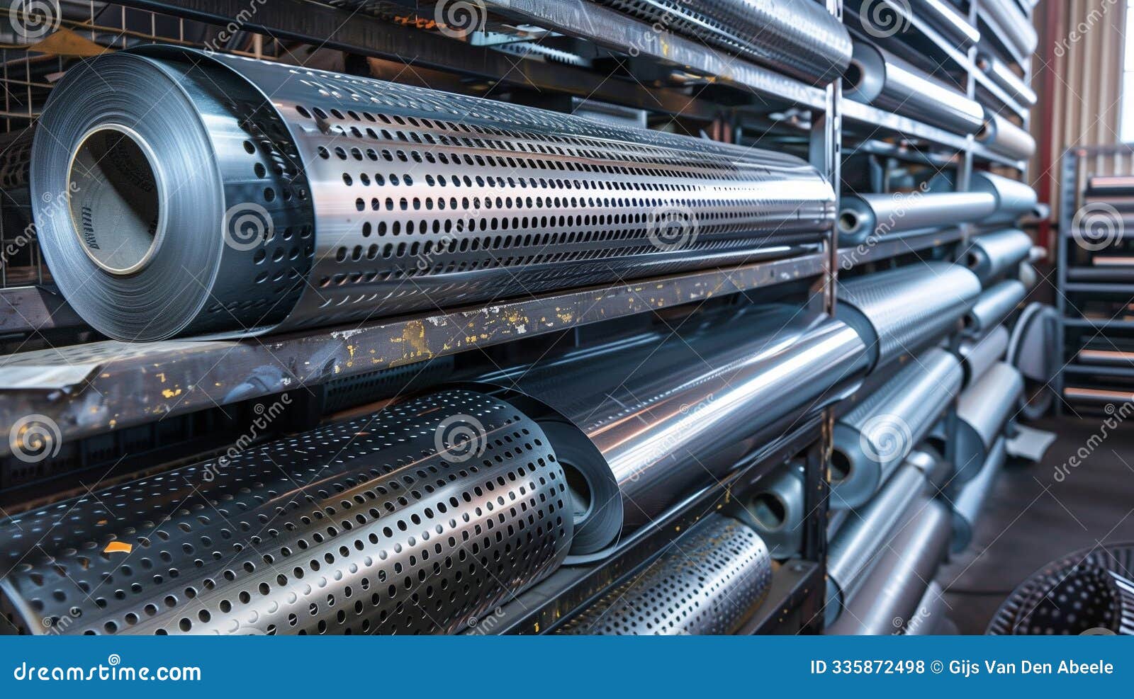 Perforated Sheet Metal Rolls on Racks in Metal Fabrication Shop Stock ...