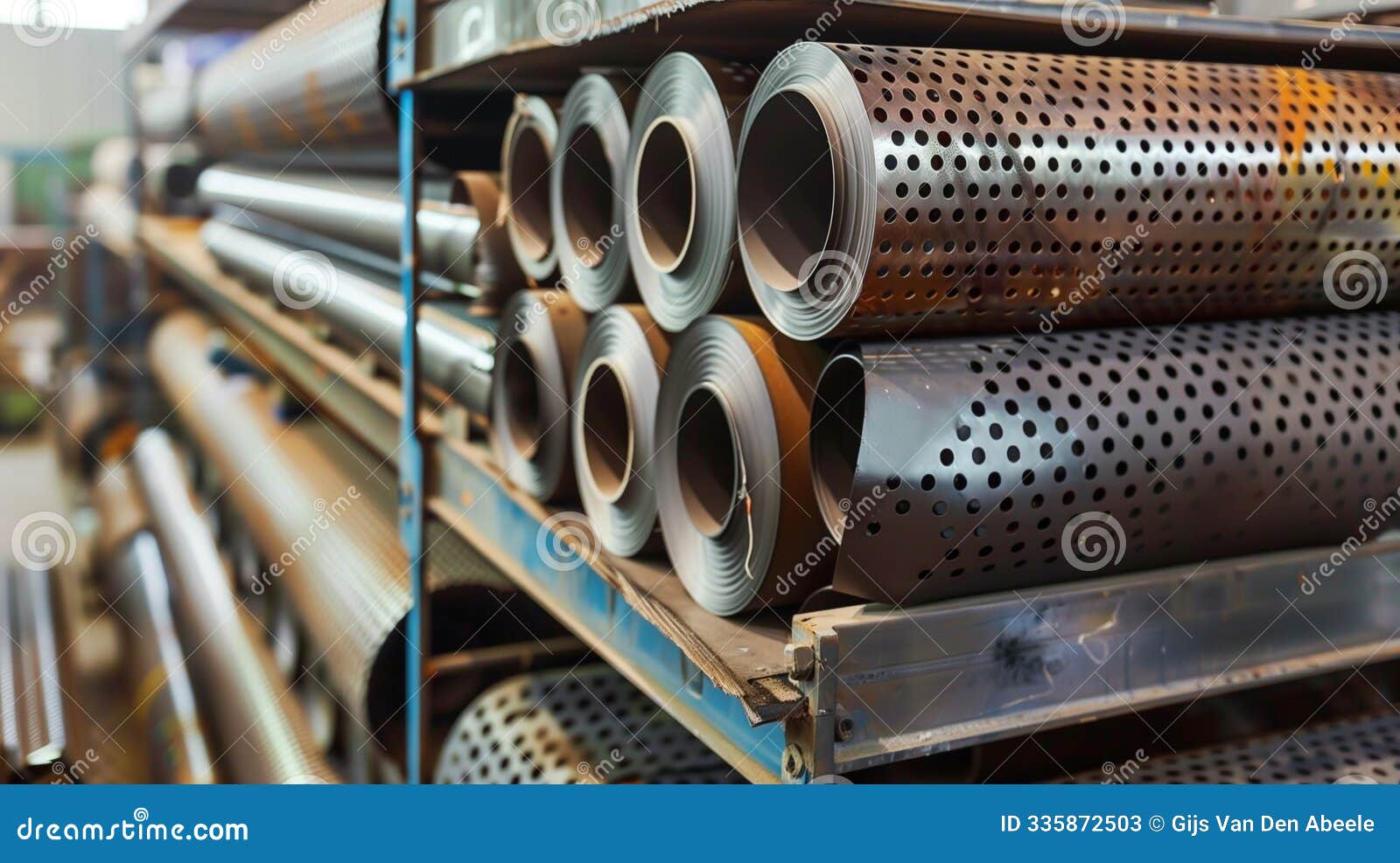 Perforated Sheet Metal Rolls on Racks in Metal Fabrication Shop Stock ...