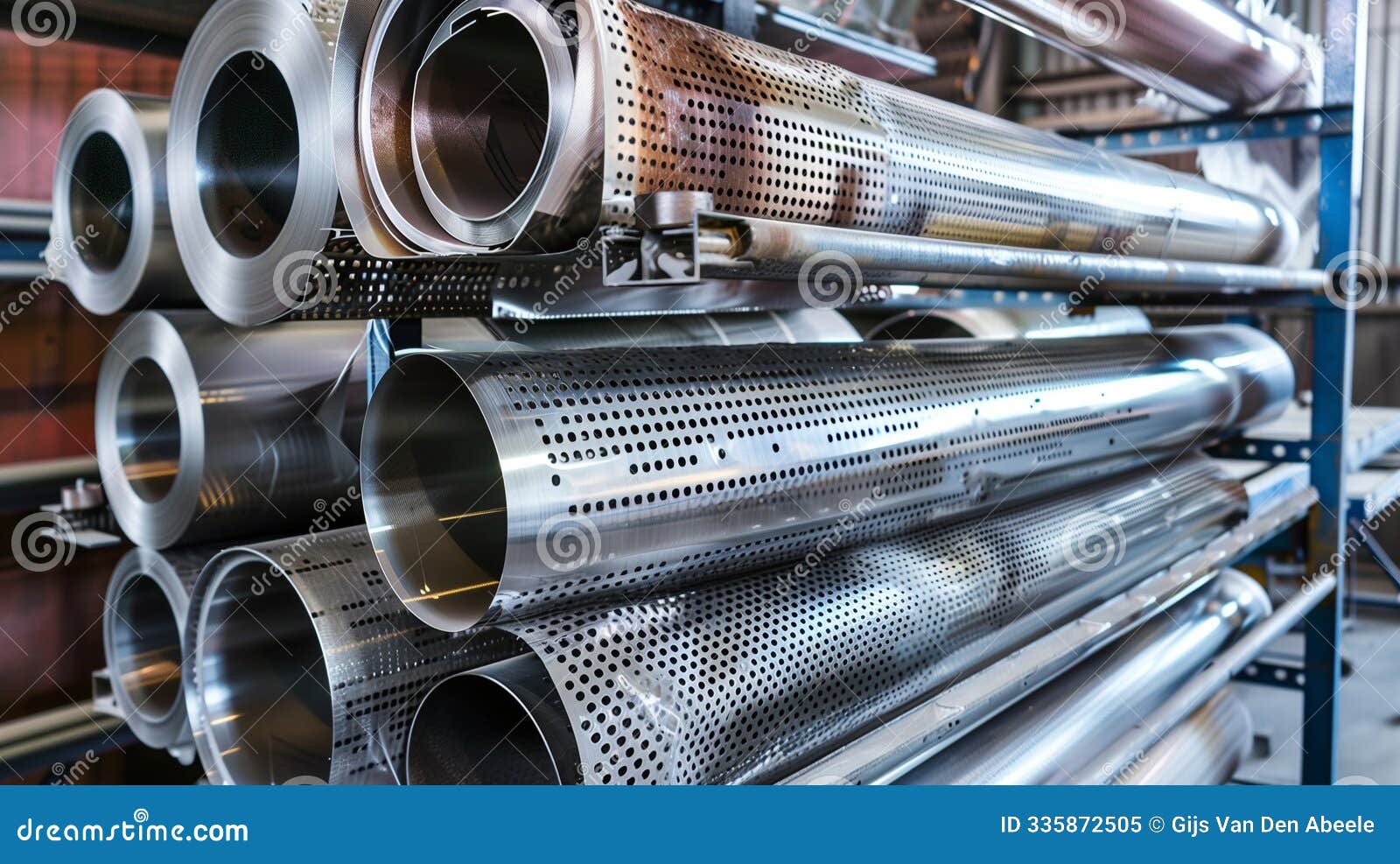 Perforated Sheet Metal Rolls on Racks in Metal Fabrication Shop Stock ...