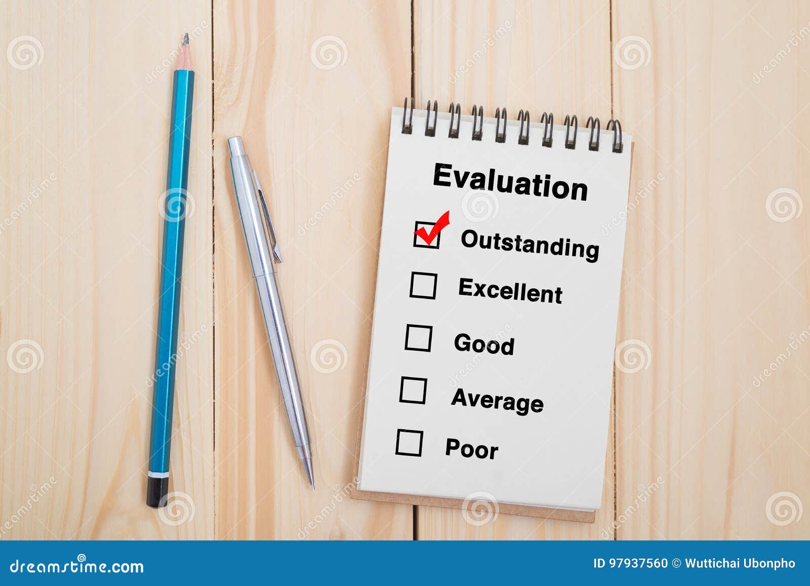 Performance Evaluation Check Box on Notebook with Pen and Pencil Stock ...