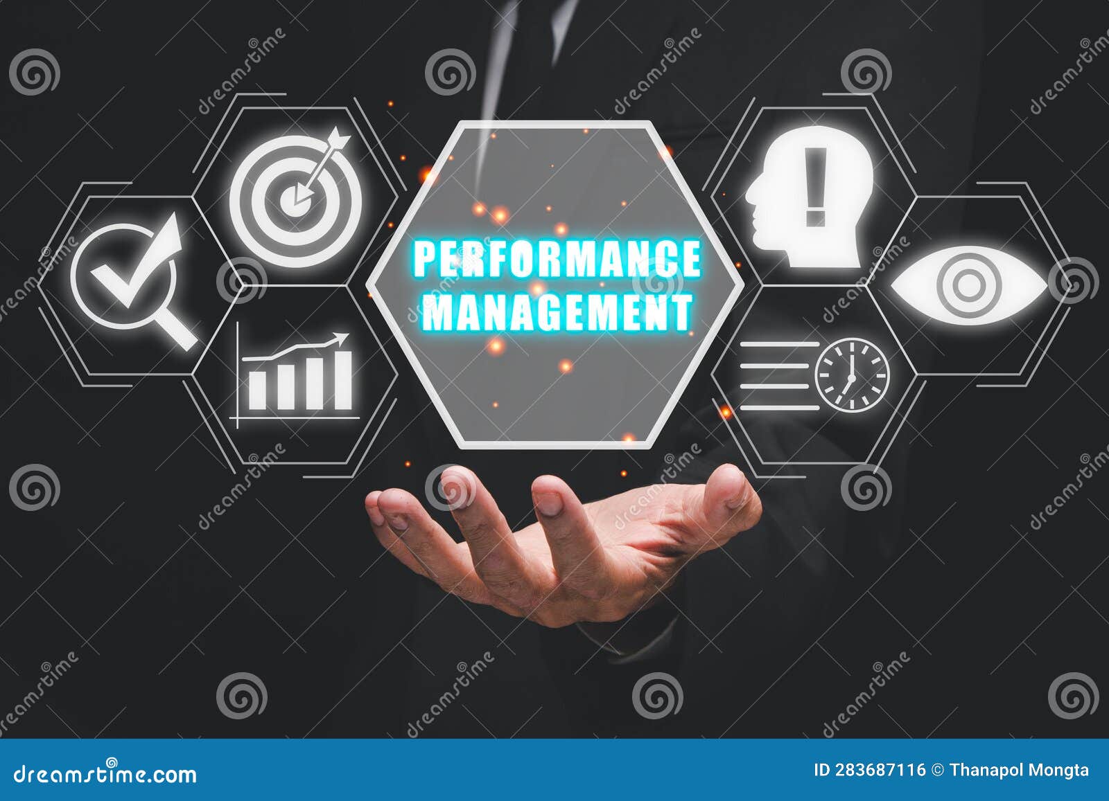 Businessman Hand Holding Performance Management Icon on Virtual Screen ...