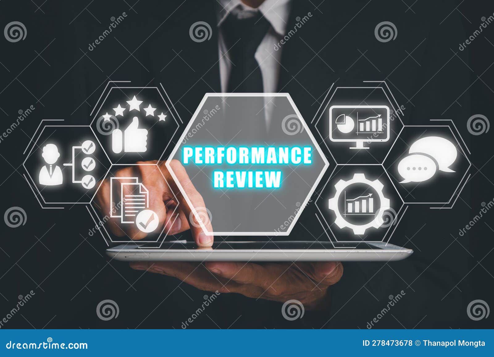 Businessman Hand Using Tablet with Performance Review Icon on Virtual ...