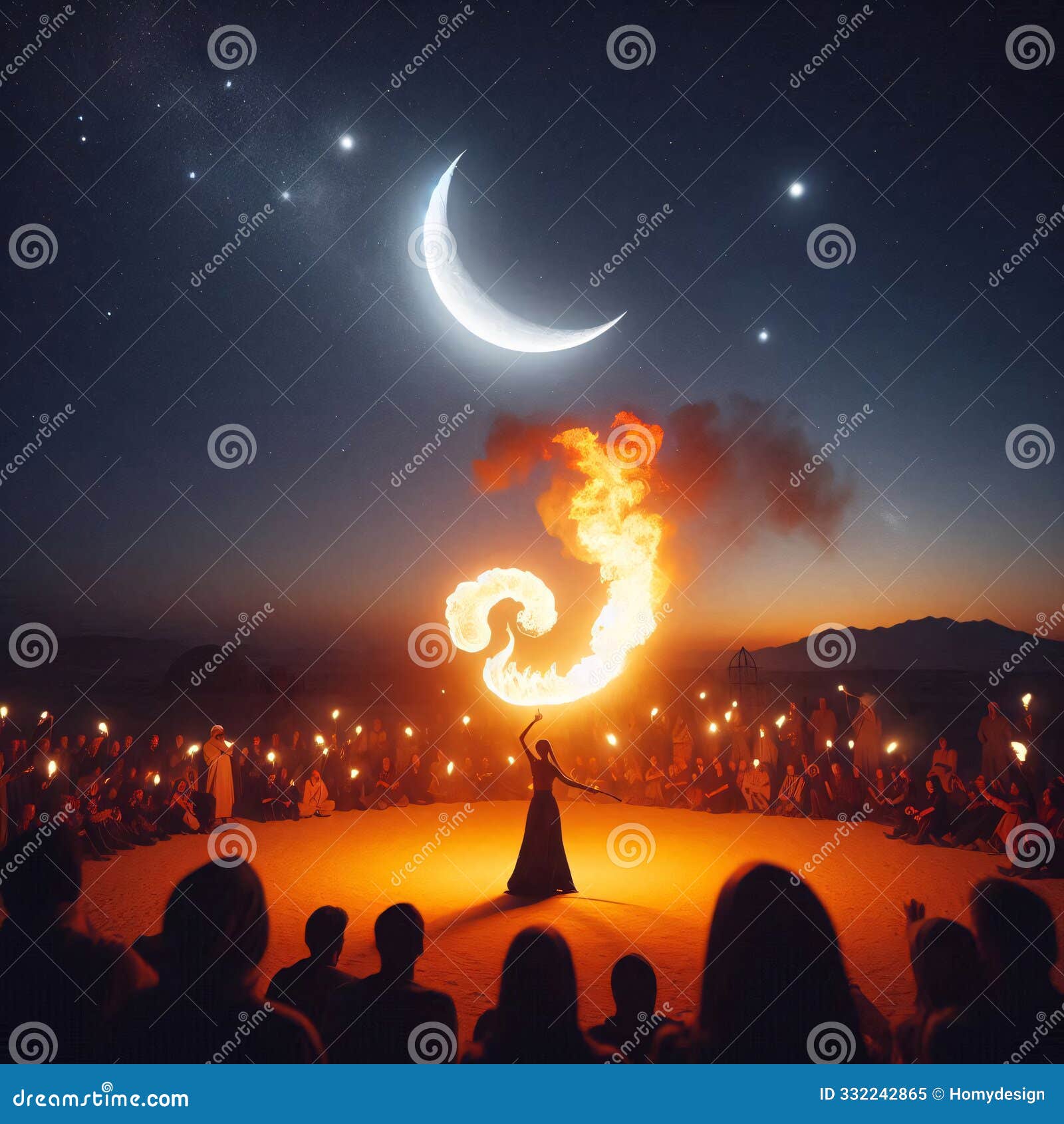 A Performer with Fire Under a Crescent Moon Captivates an Audience ...