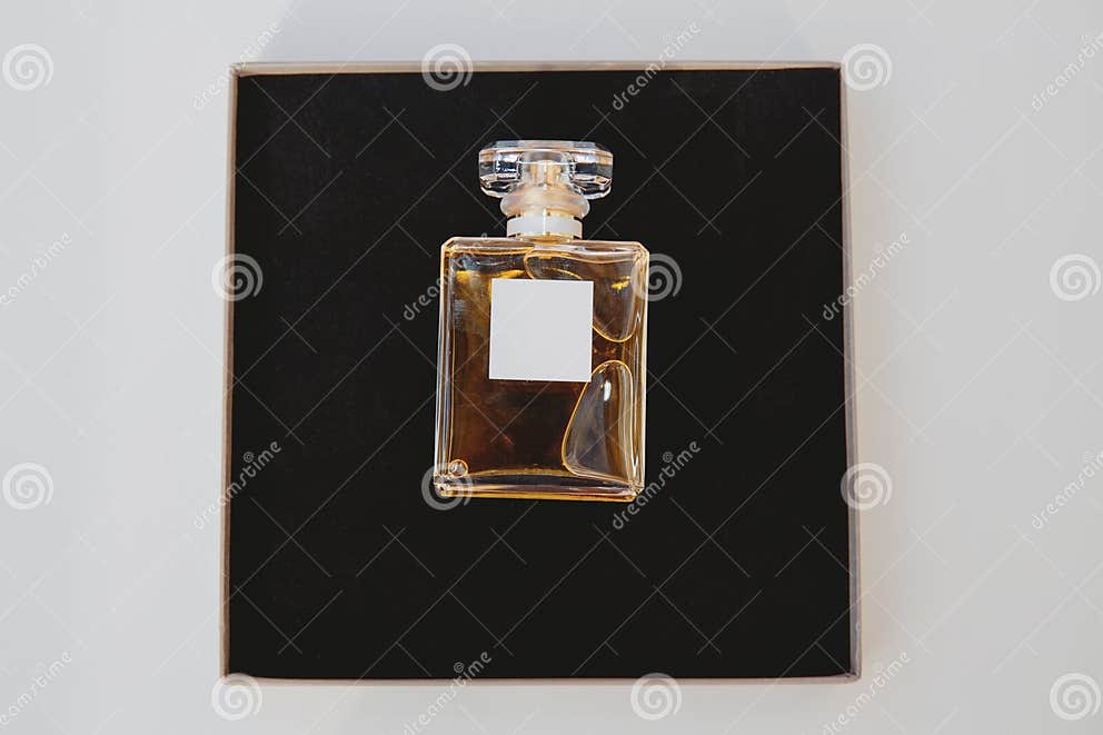 Perfume Bottle with Blank Label in Black Box. Top View Stock Image ...