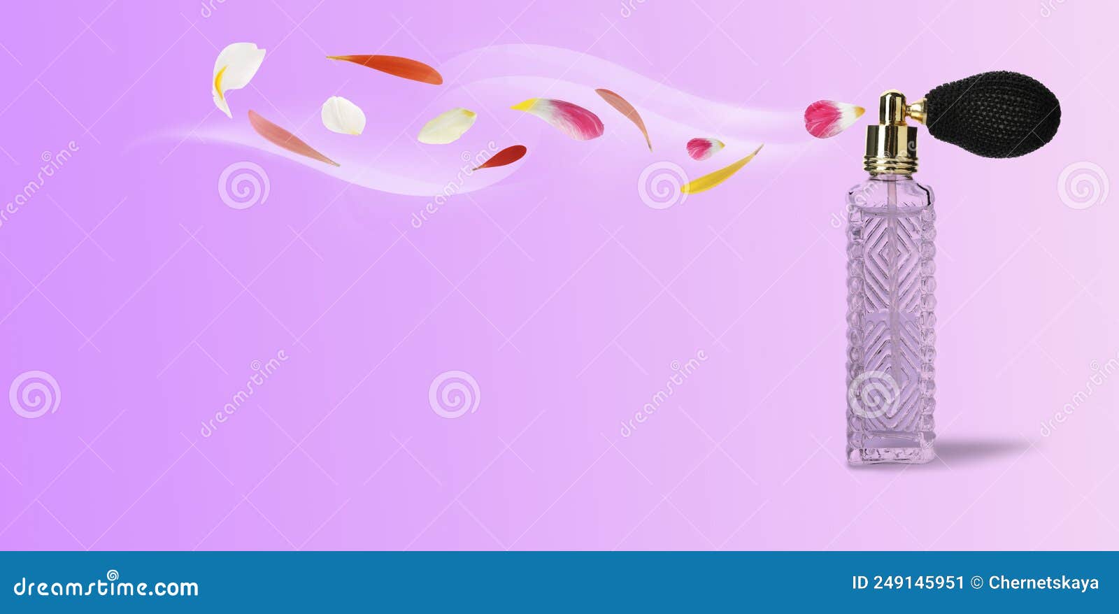 Perfume Bottle with Floral Scent on Violet Background, Banner Design ...