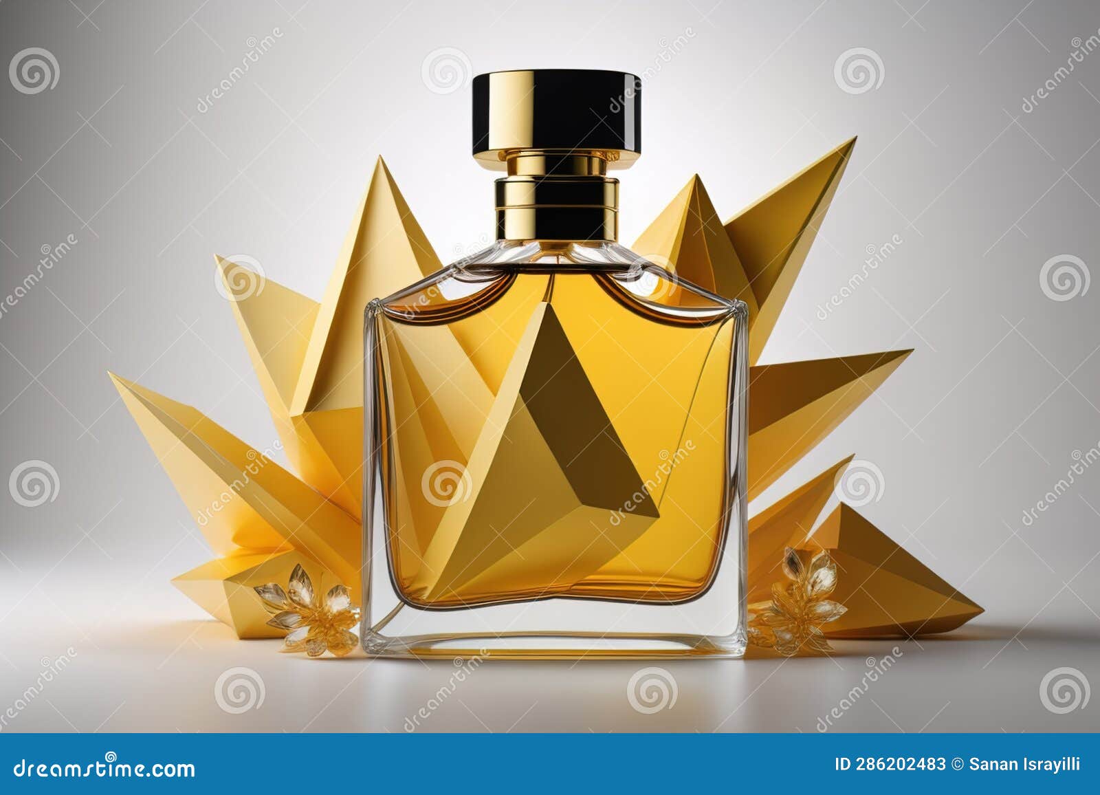 Perfume Bottle with Golden Triangle Pattern on White Background ...