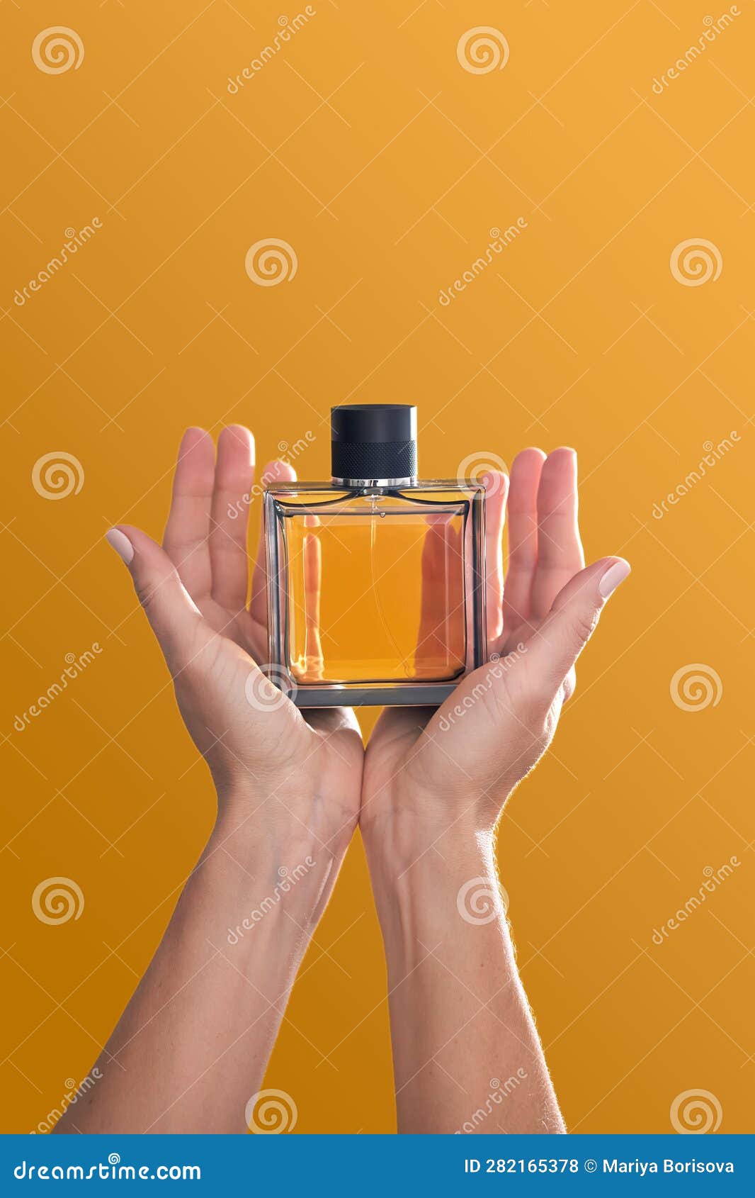 Perfume Bottle in Hands on an Orange Background. Stock Photo - Image of ...