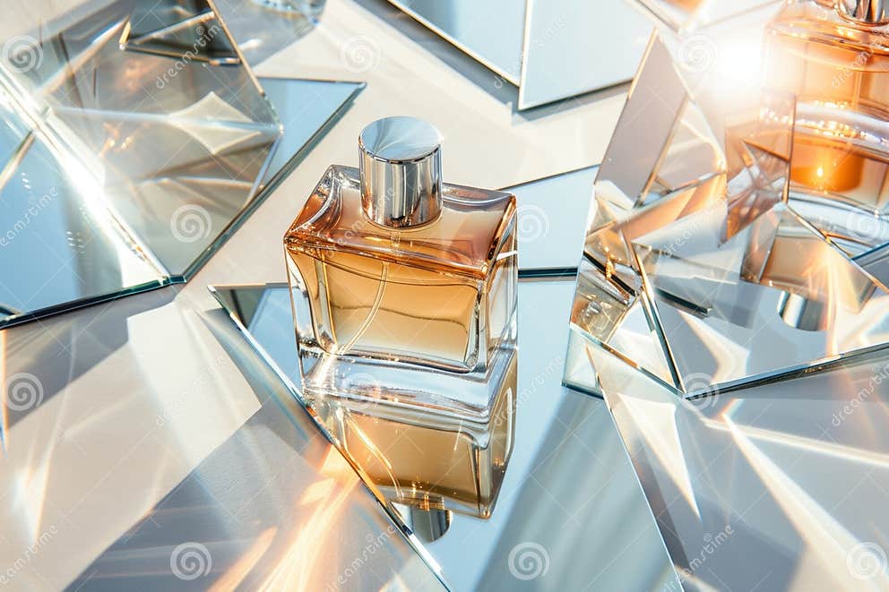 Perfume Bottle among Mirrors, Multiple Reflections, Top Angle, Bright ...